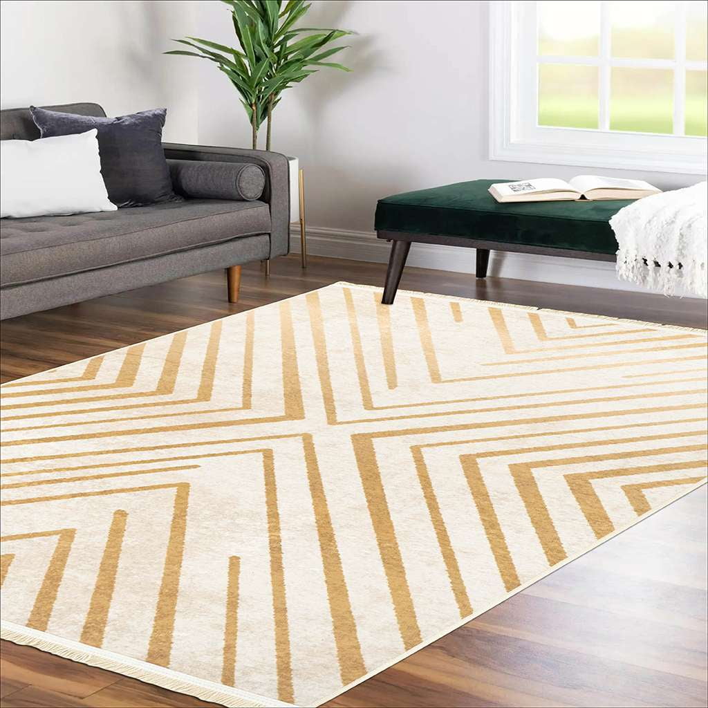 Alfa Rich 5x7 Area Rugs, Ultra-Thin Geometric Cream Gold Rug, Non-Slip ...