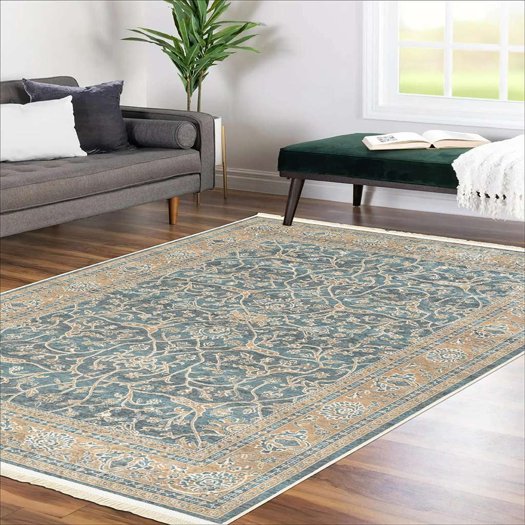 Alfa Rich 5x7 Area Rugs, Ultra-Thin Oriental Blue and Gold Rug, Non ...
