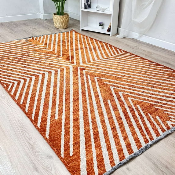 Alfa Rich 7x10 Geometric Pattern Burnt Orange Cream Washable Woven Cotton Area Rugs - Walmart.com