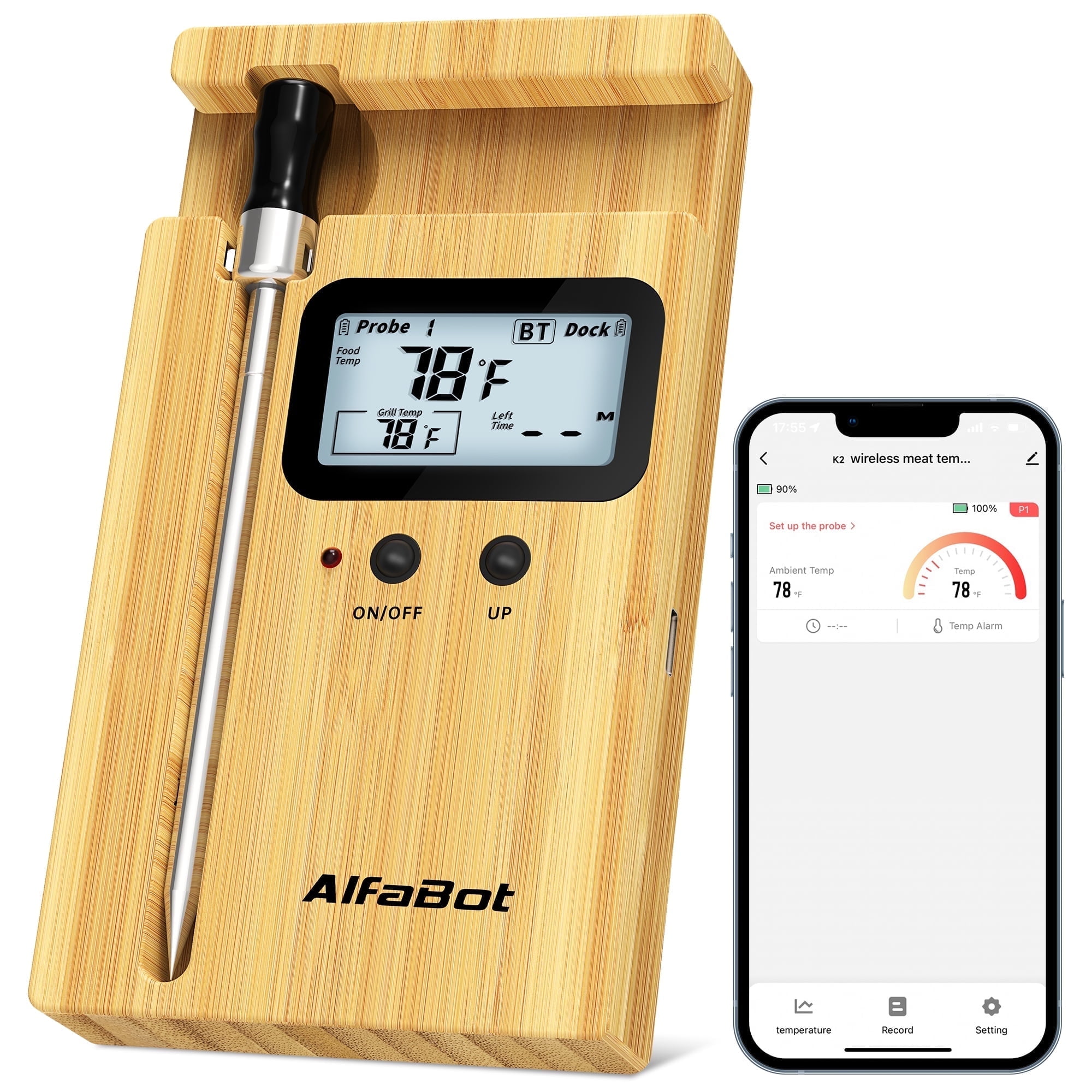 AlfaBot Wireless Meat Thermometer, Standalone Base with Display ...