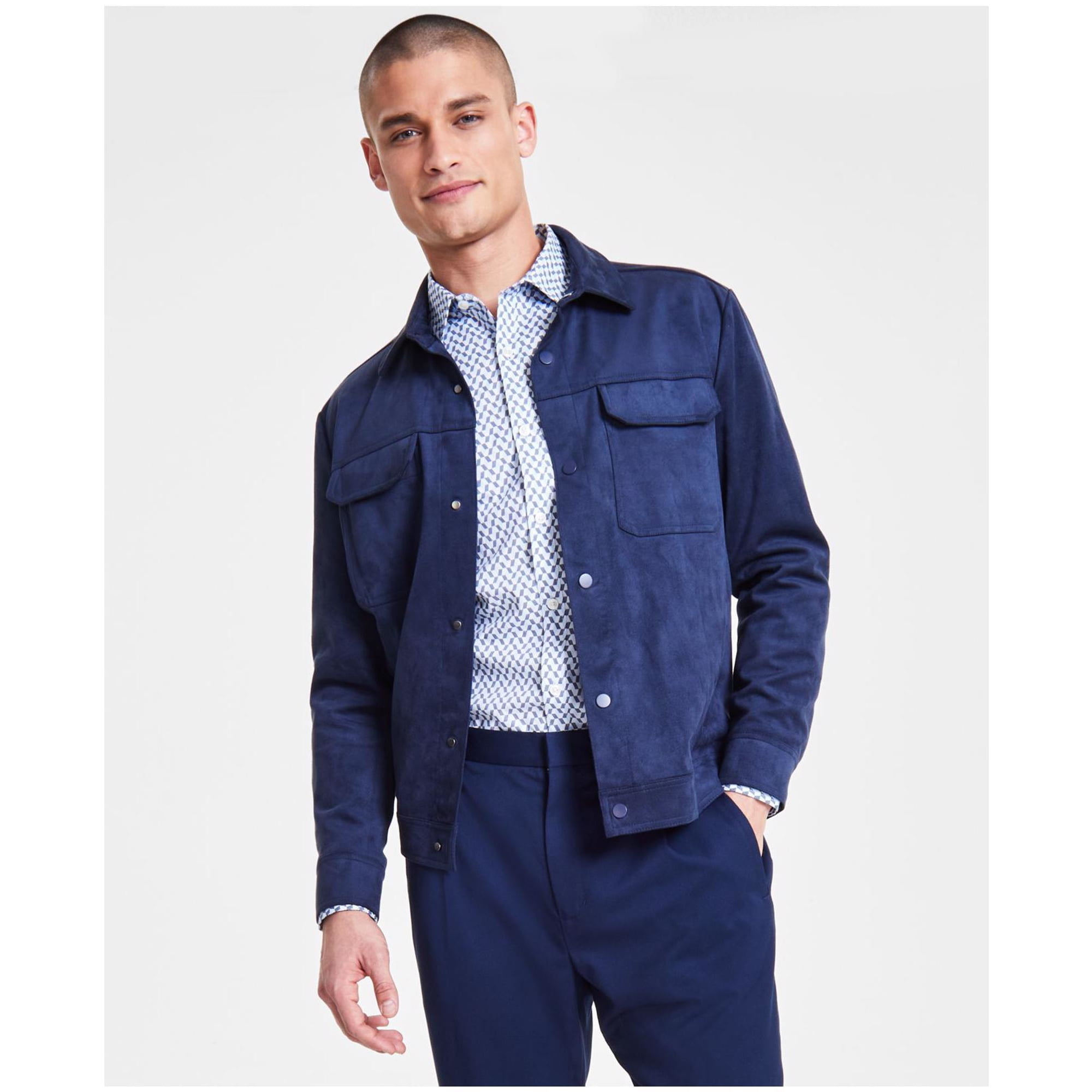 Alfani Men's Regular Fit Stretch Faux Suede Chore Jacket Coat Navy Blue ...