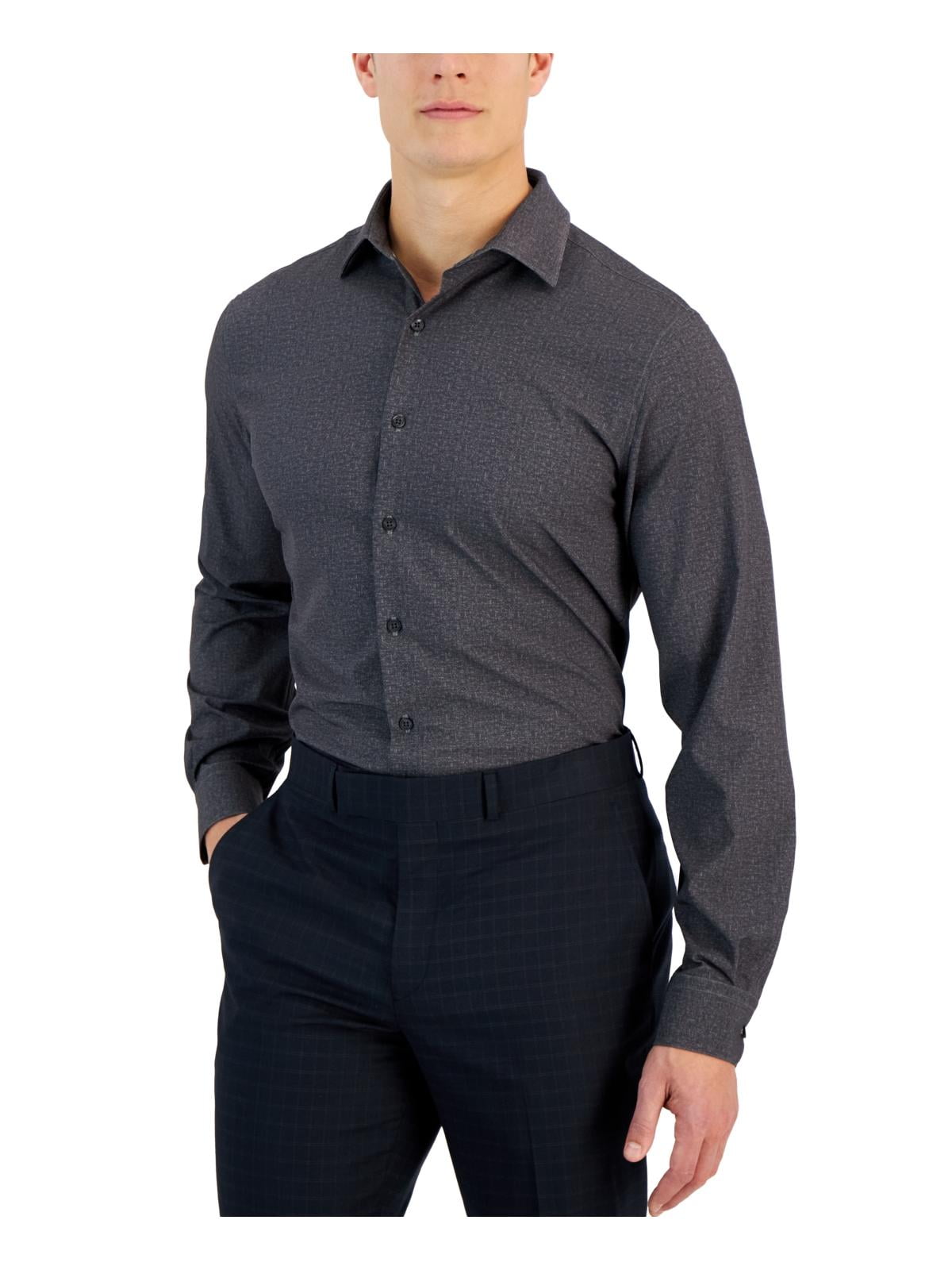 Alfani Men's Charcoal Grey Slub Texture Polyester Dress Shirt, Size 15 ...