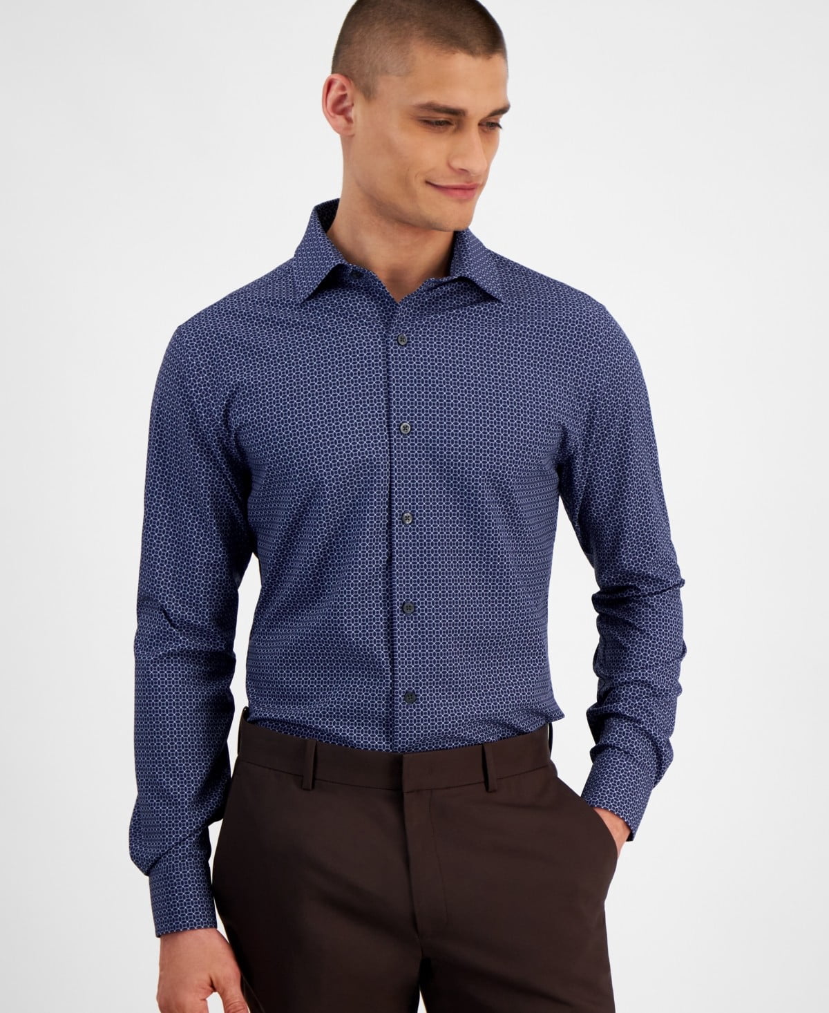 Alfani Mens Slim fit Dress Shirt Large 16-16.5 32-33 Navy Blue ...