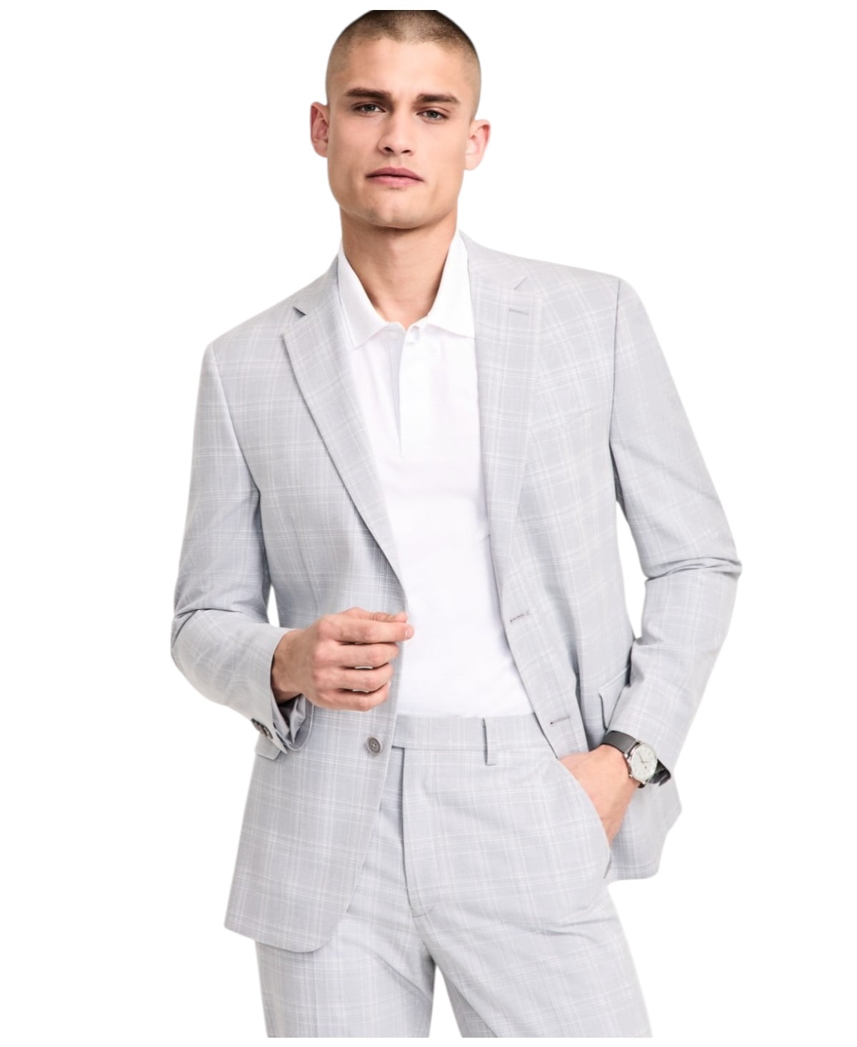 Alfani Mens Slim fit Suit Jacket Blazer 40 L Light Grey Plaid Stretch ...