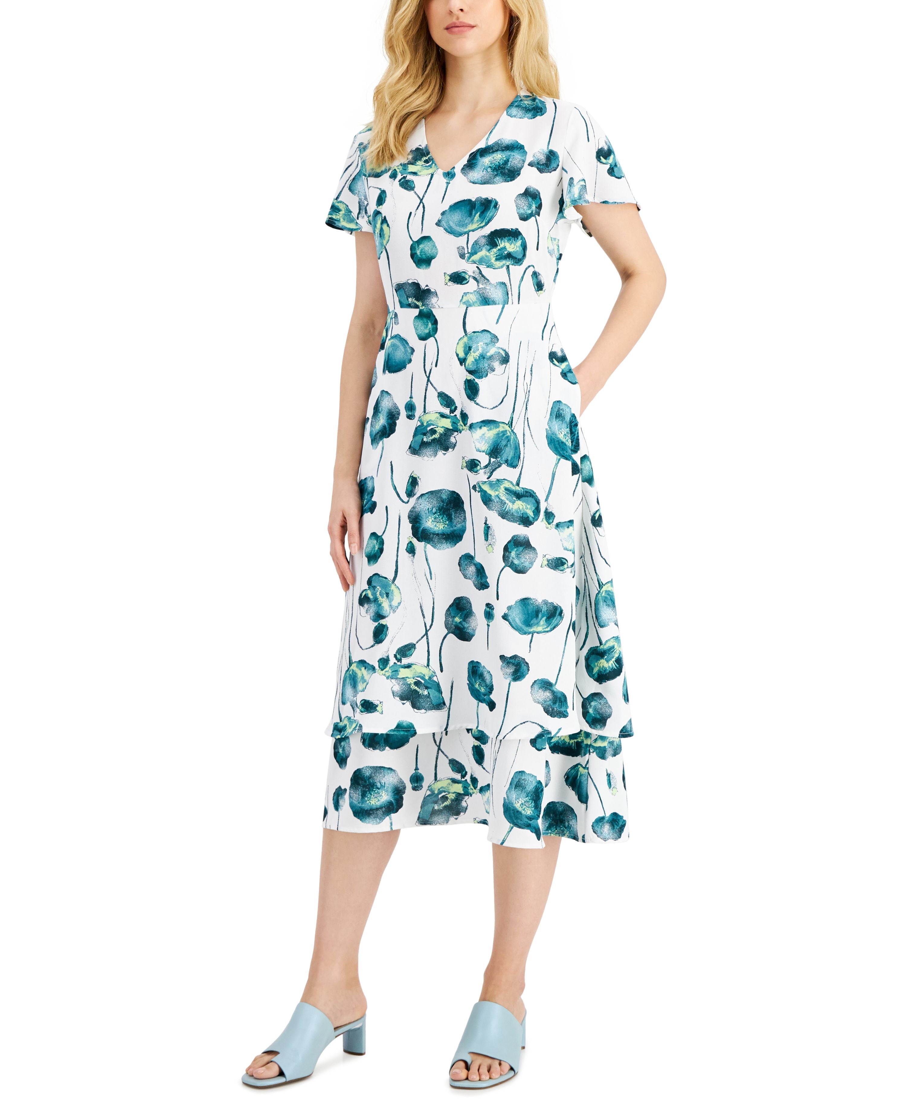 Alfani Petite V-Neck Flutter Sleeve Midi Dress Cal Trans Peony 14P ...