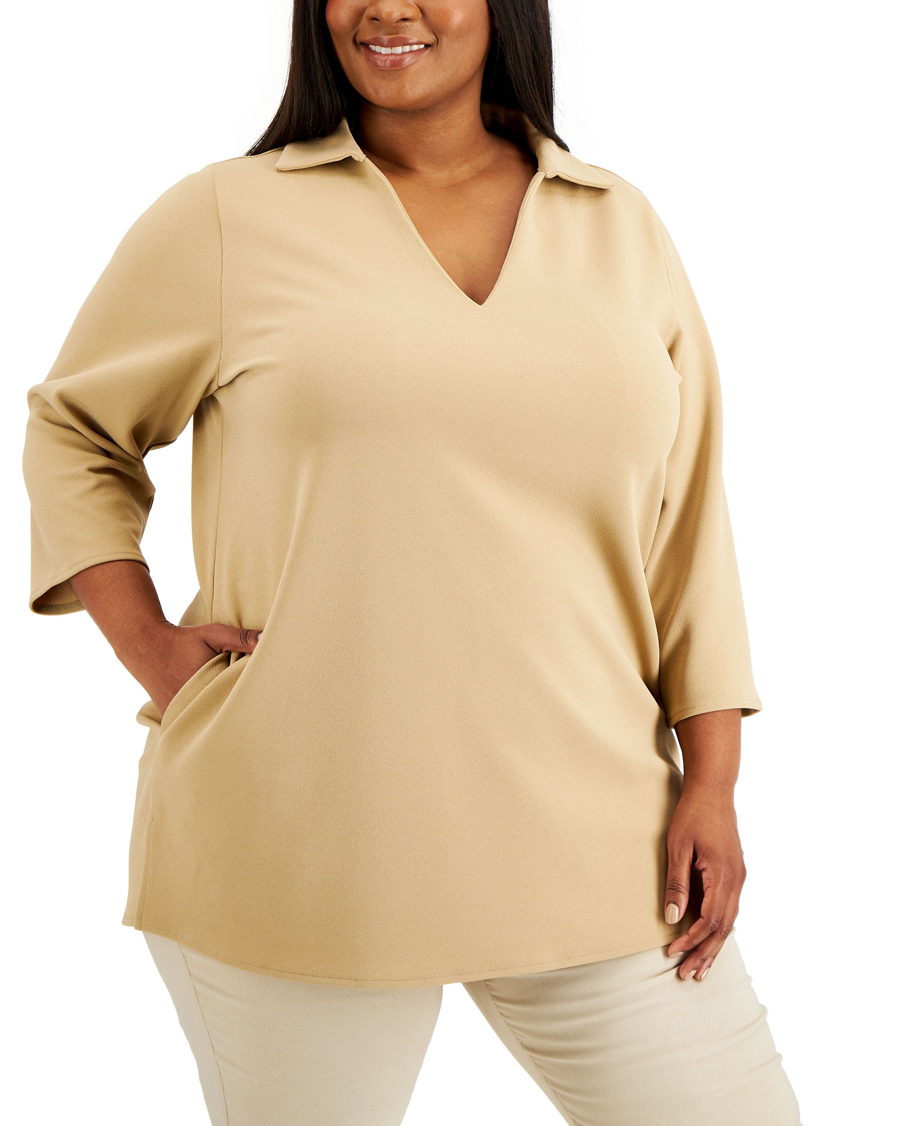 Alfani Plus Size 3/4 Sleeve Collared Tunic Top Fresh Almond 3X ...