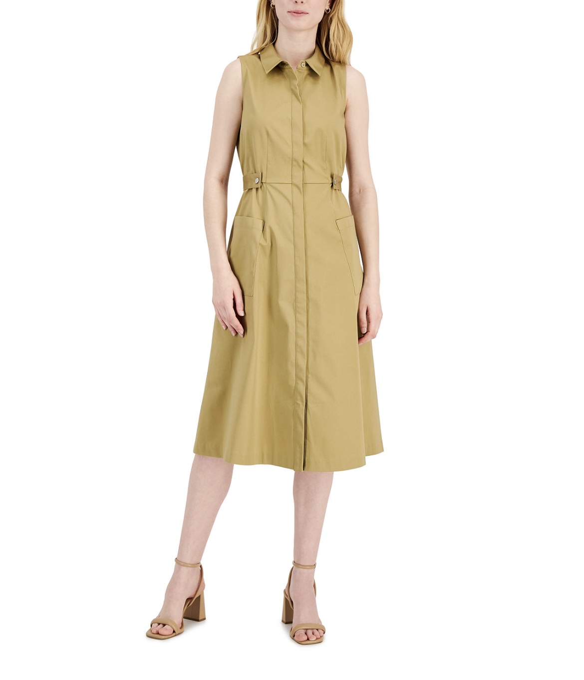 Alfani Women's Point Collar Sleeveless Petite Utility Dress Water Camel ...
