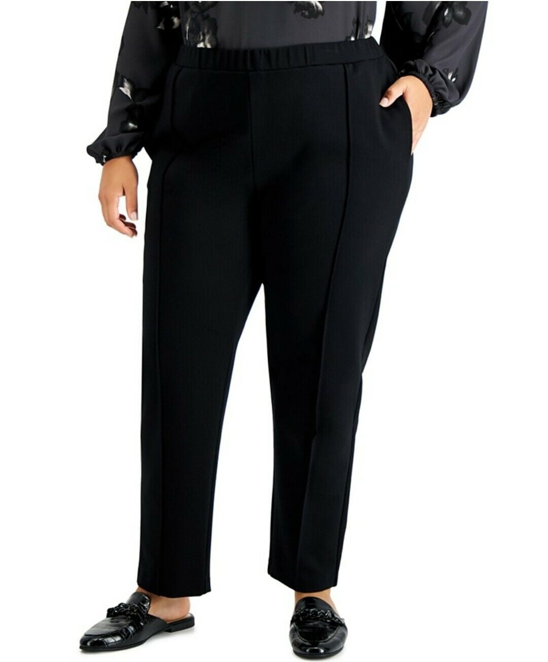 Alfani Women's Seamed Pull-On Pants Black Elastic Waist High Rise Plus ...