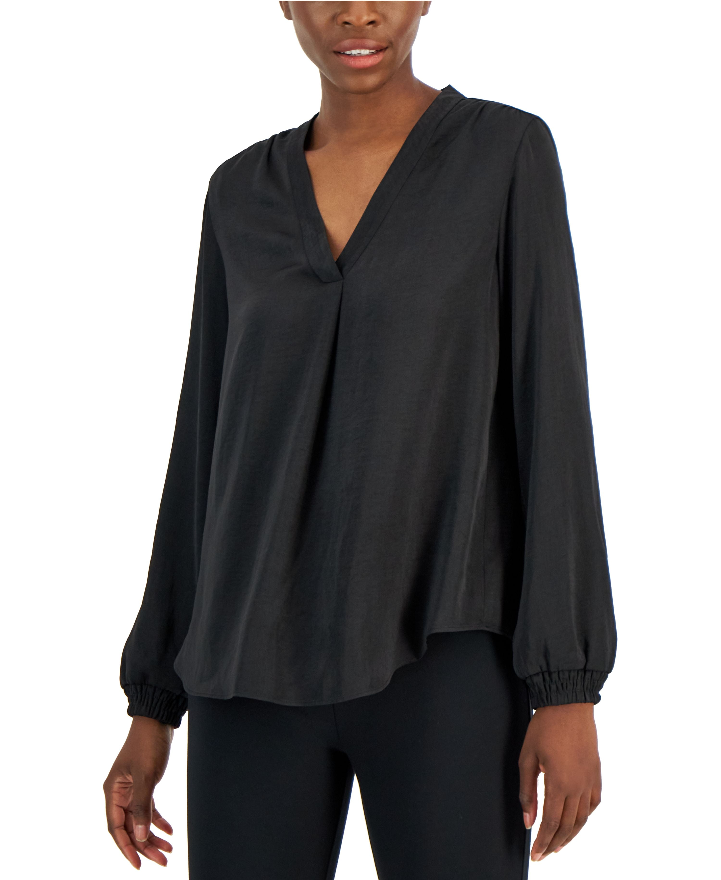 Alfani Womens Long Sleeve V Neck Blouse Deep Black M - Walmart.com
