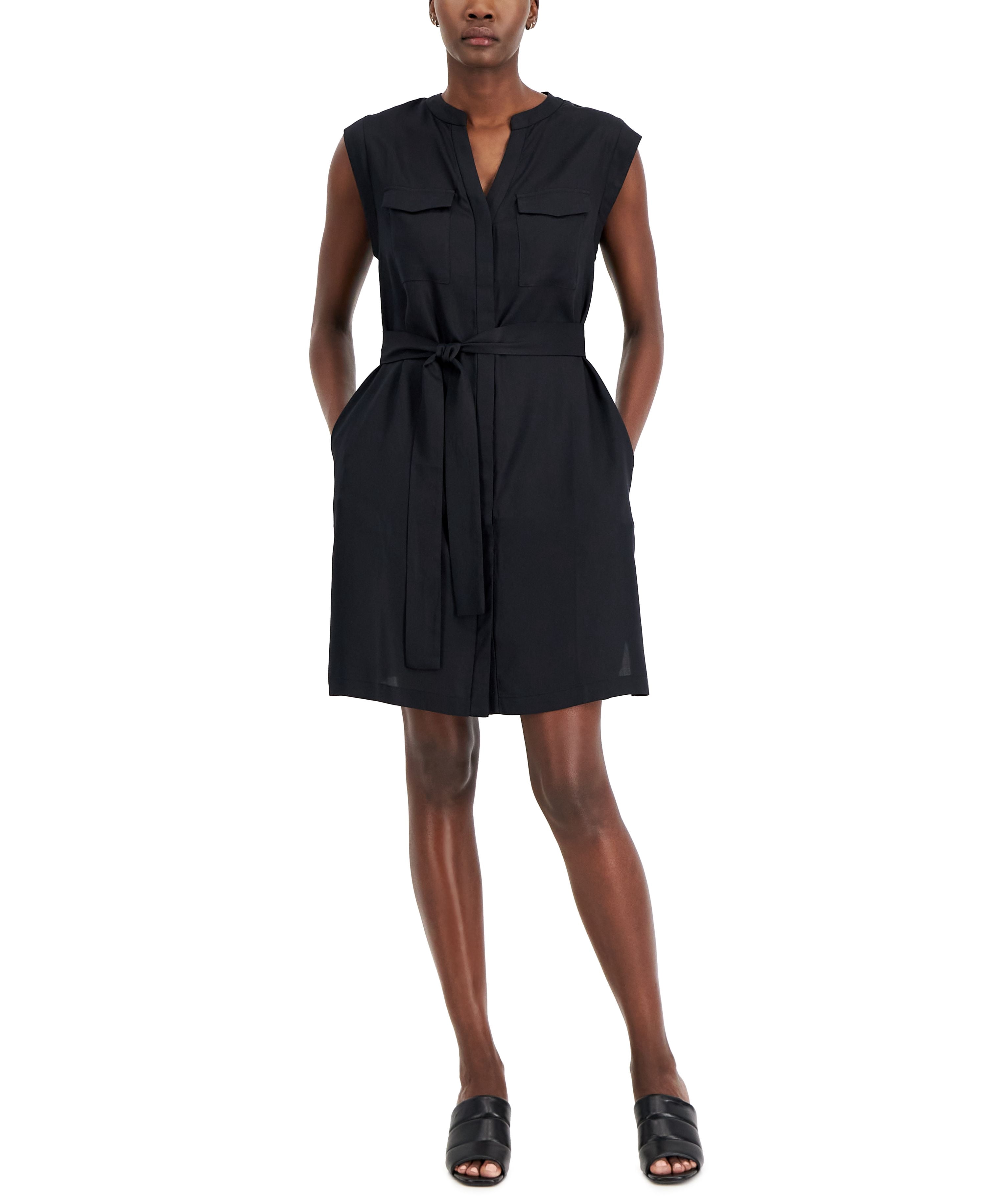 Alfani Womens Split-Neck Cap-Sleeve Utility Dress Deep Black M ...