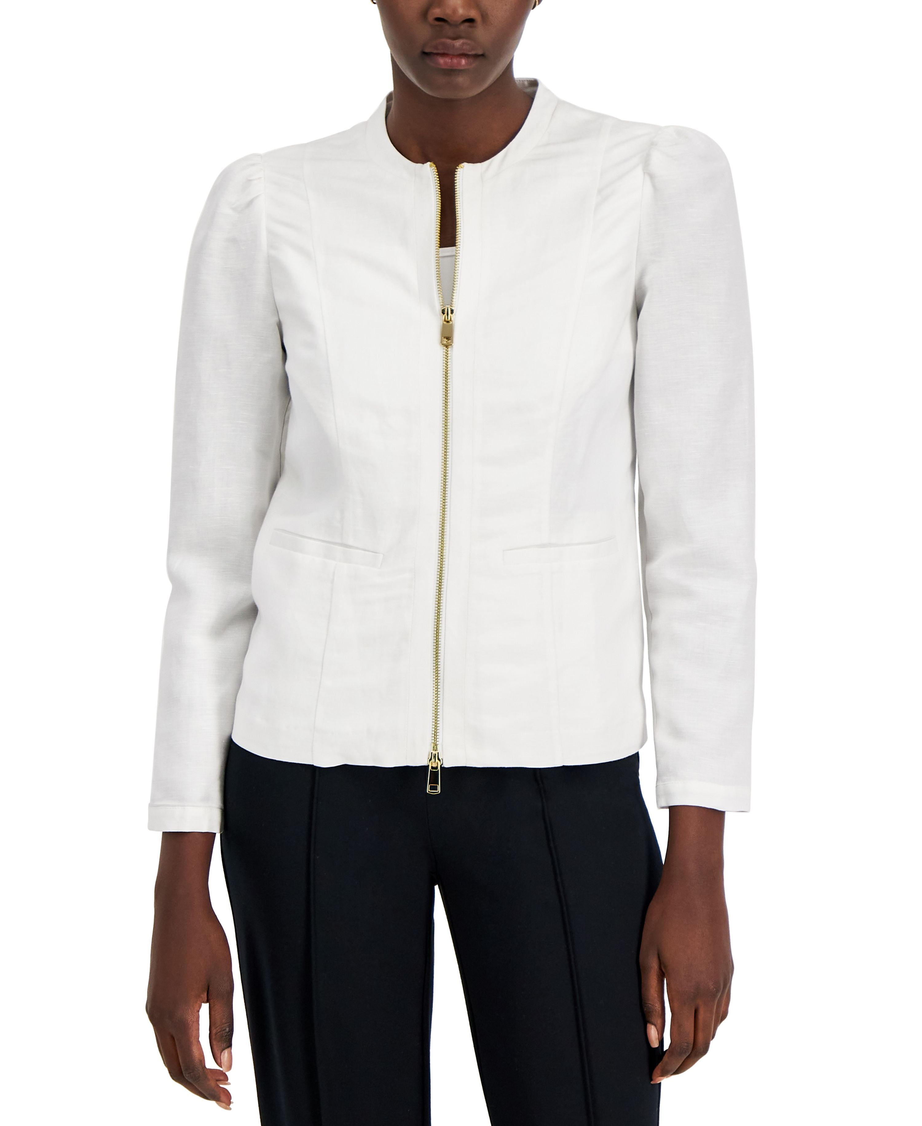 Alfani Womens Textured Linen Zip Crop Jacket Bright White M - Walmart.com