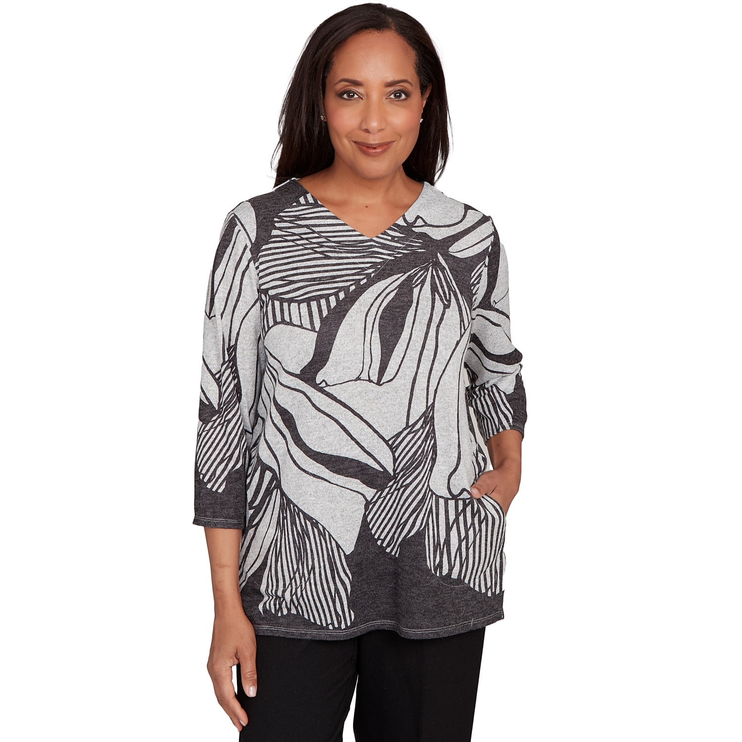 Alfred Dunner Womens Abstract Floral Stripe V-Neck Top - Walmart.com