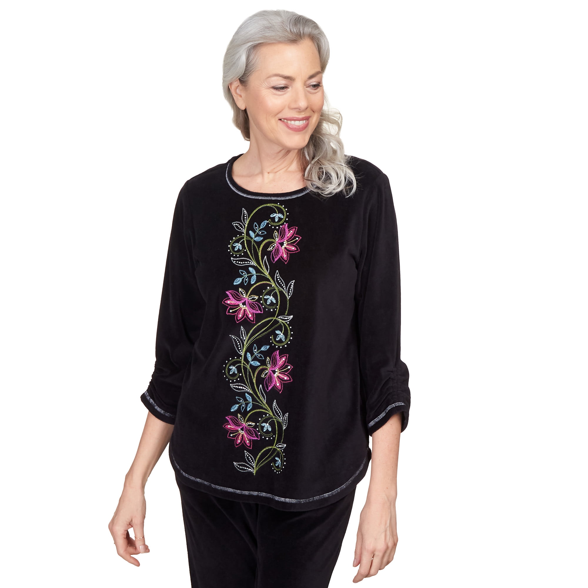 Alfred Dunner Womens Center Floral Embroidered Velour Shirttail Top ...
