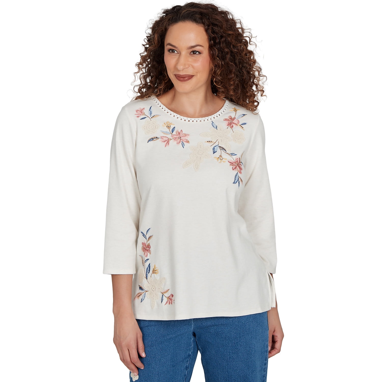 Alfred Dunner Womens Crochet Embroidered Floral Knit Top - Walmart.com