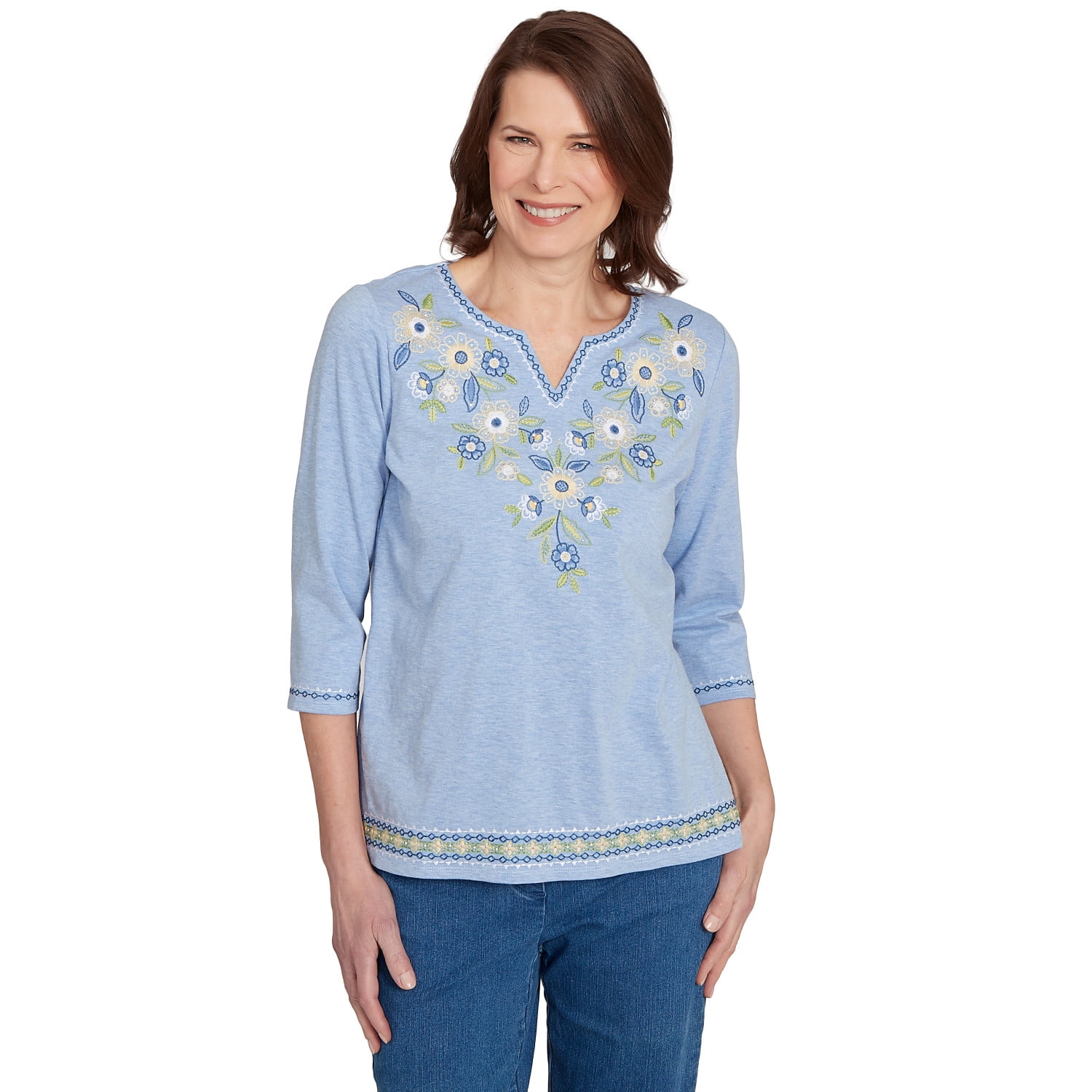 Alfred Dunner Womens Embroidered Daisy Split Neckline Top - Walmart.com