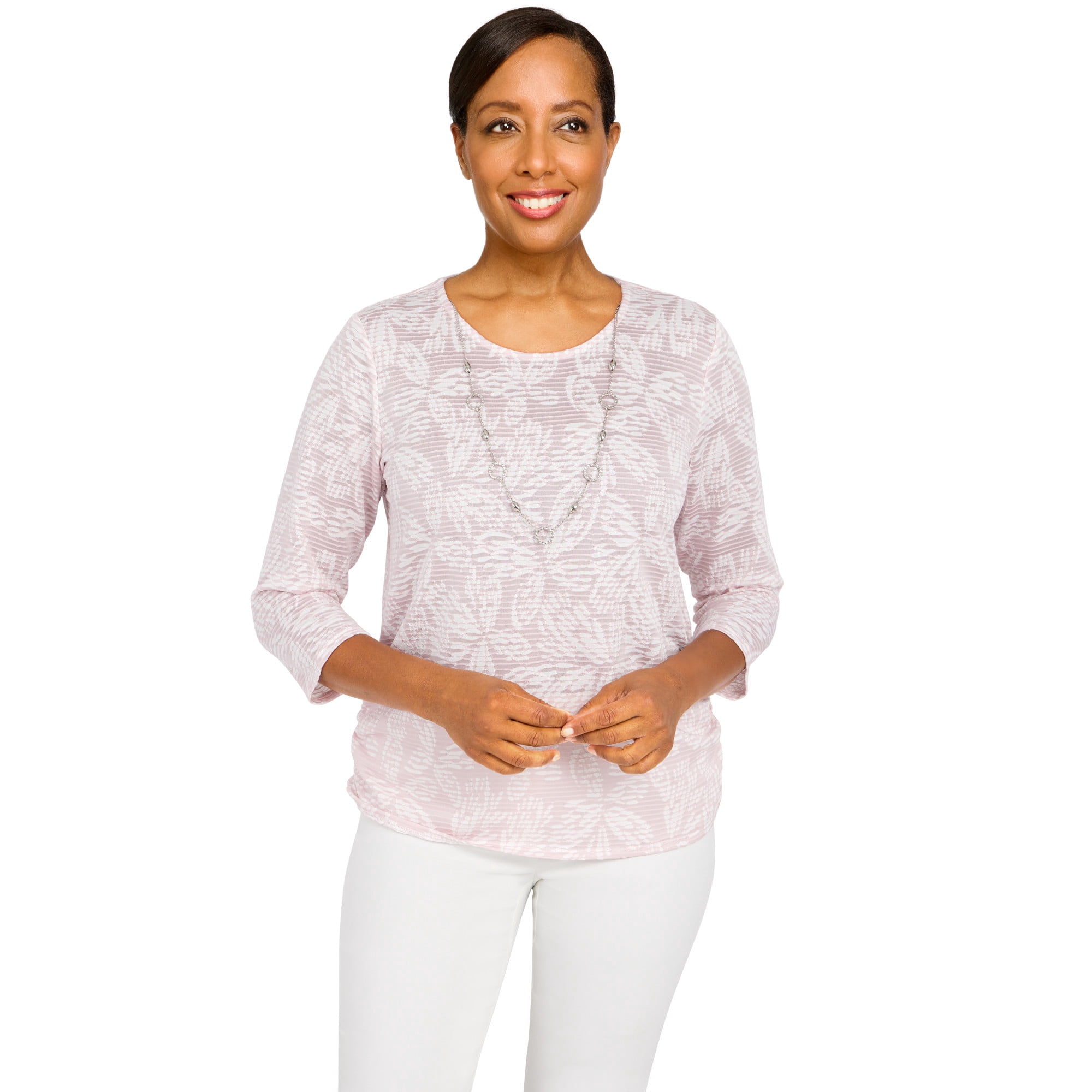 Alfred Dunner Womens Floral Jacquard Butterfly Knit Top With Necklace ...