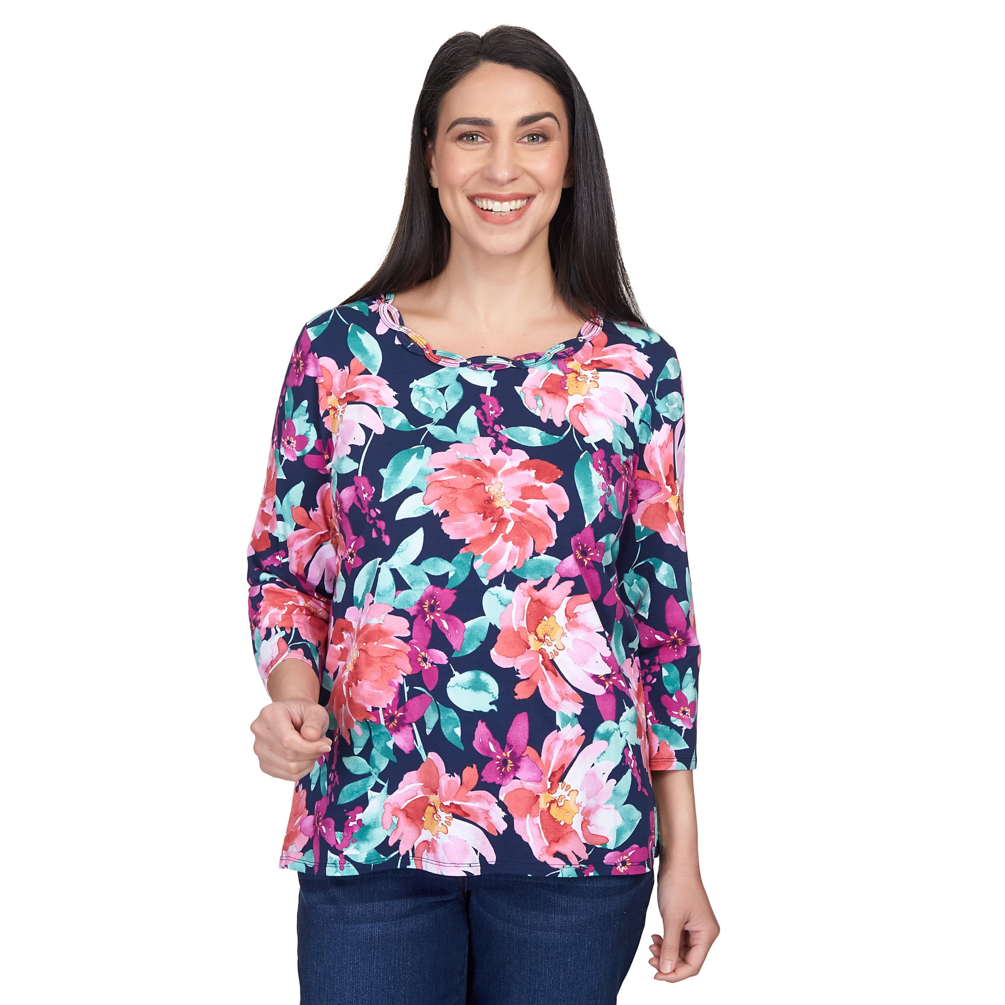 Alfred Dunner Womens Floral Twist Embroidered Crew Neck Top - Walmart.com