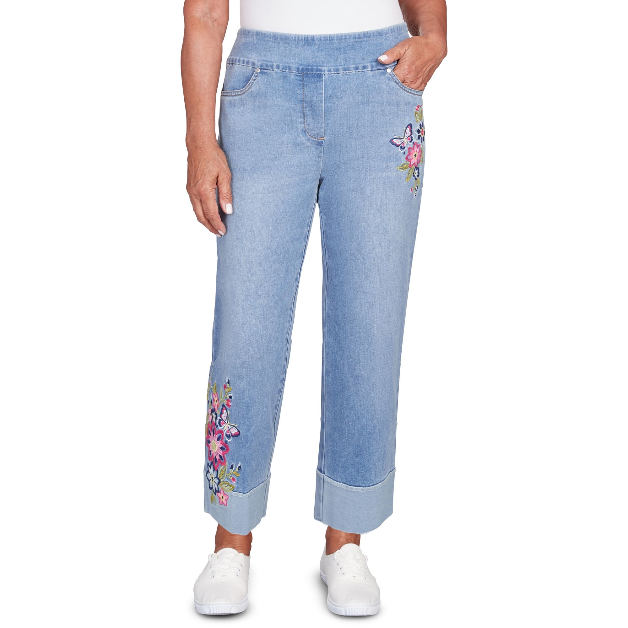 Alfred Dunner Womens Petite Butterfly Embroidered Denim Capri Pant ...