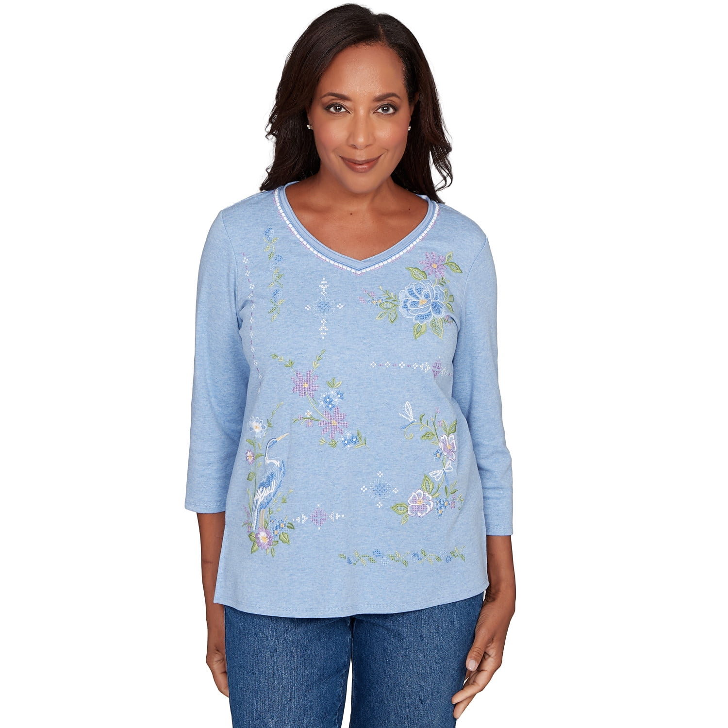 Alfred Dunner Womens Petite Cross Stitched Floral Top - Walmart.com