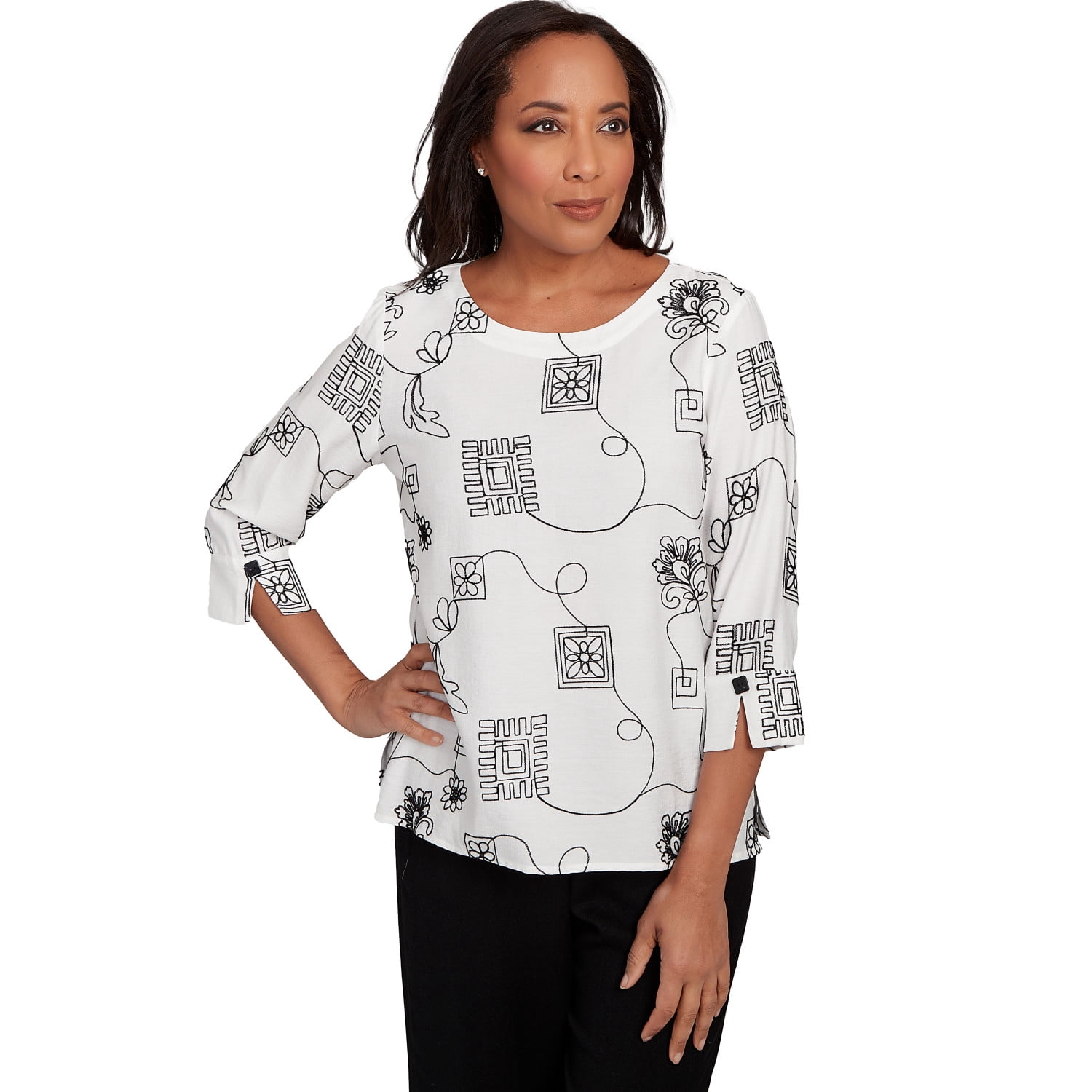 Alfred Dunner Womens Petite Geometric Floral Soutache Embroidered Top ...