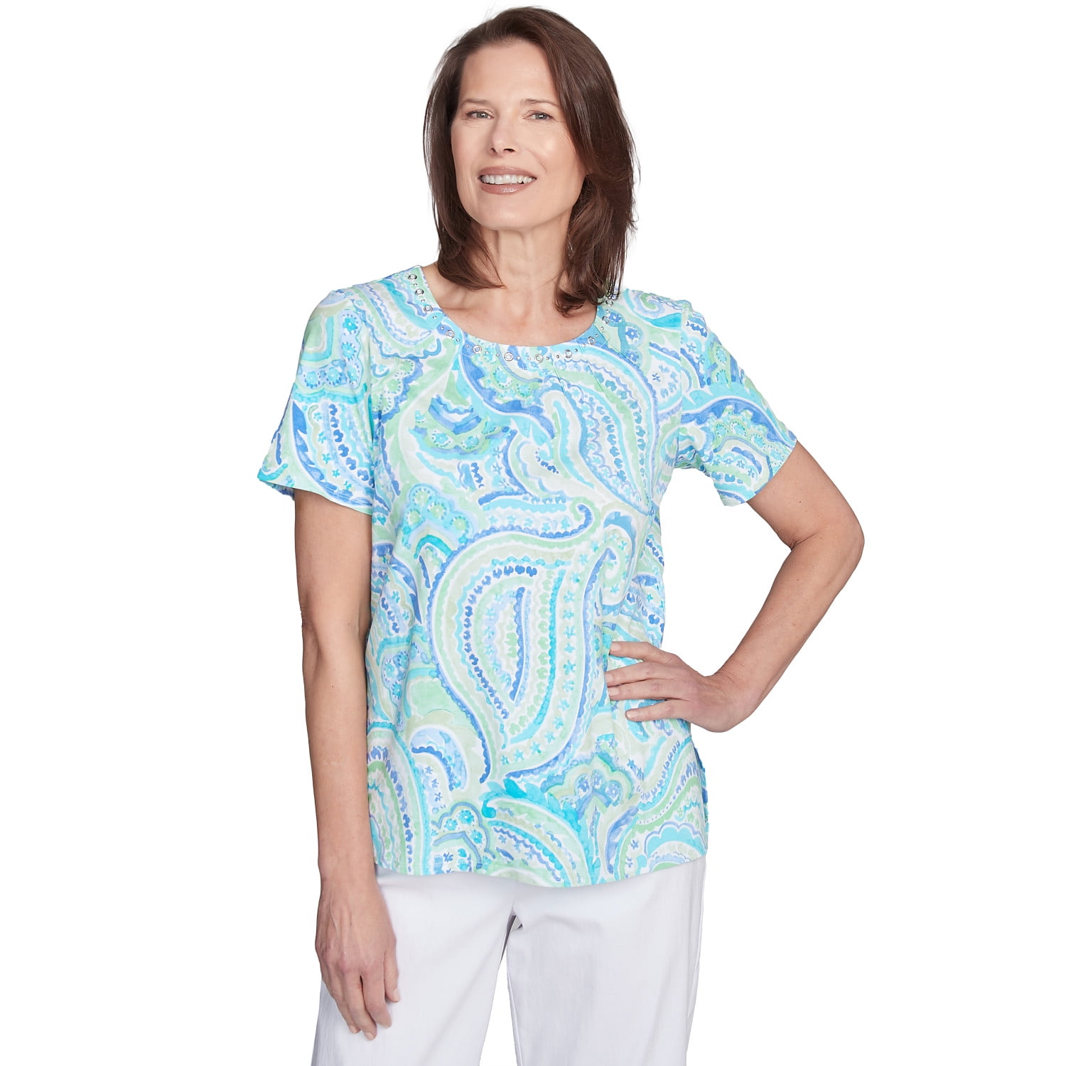 Alfred Dunner Womens Petite Pleated Crew Neck Paisley Top - Walmart.com