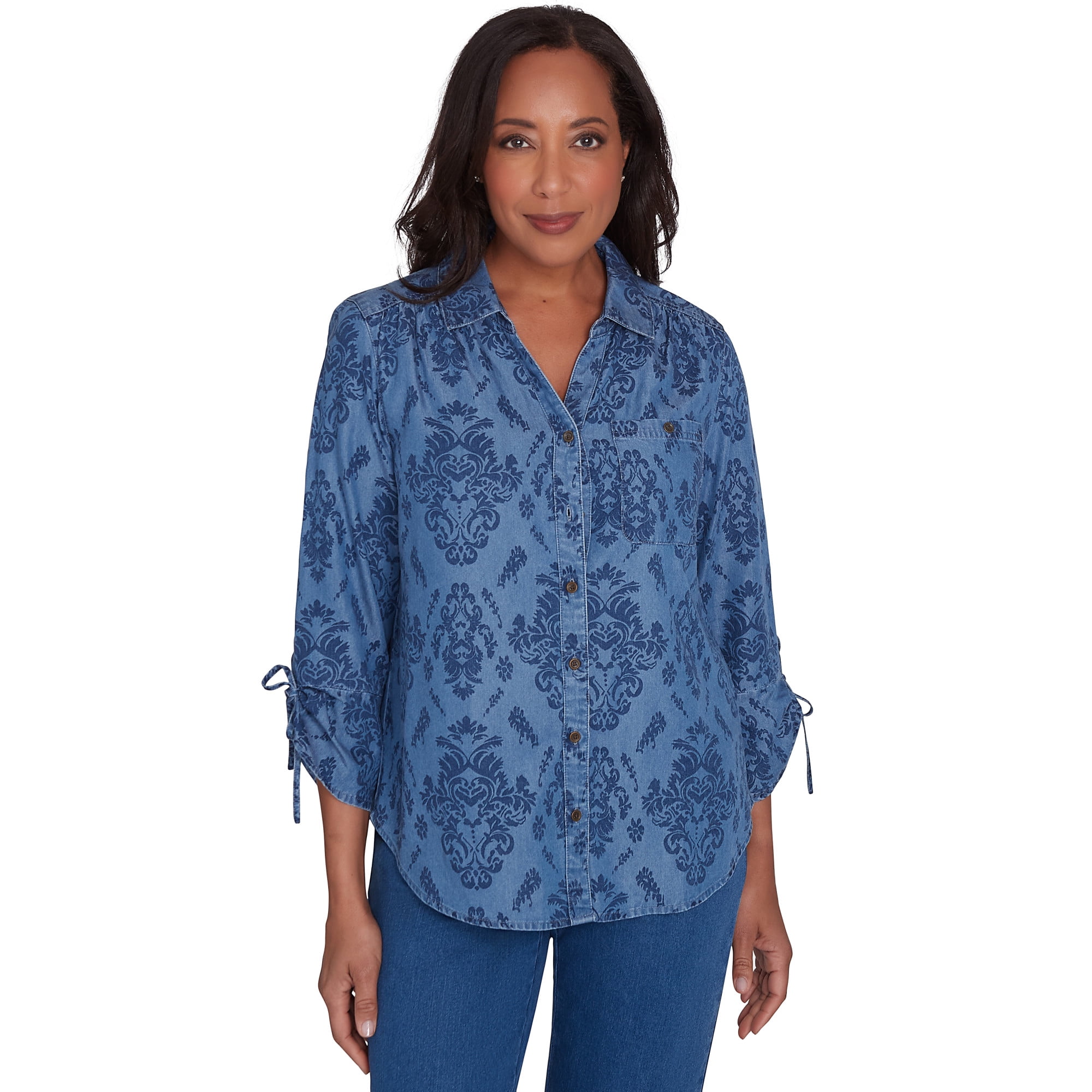 Alfred Dunner Womens Petite Soft Tencel Button Front Drawstring Sleeve ...