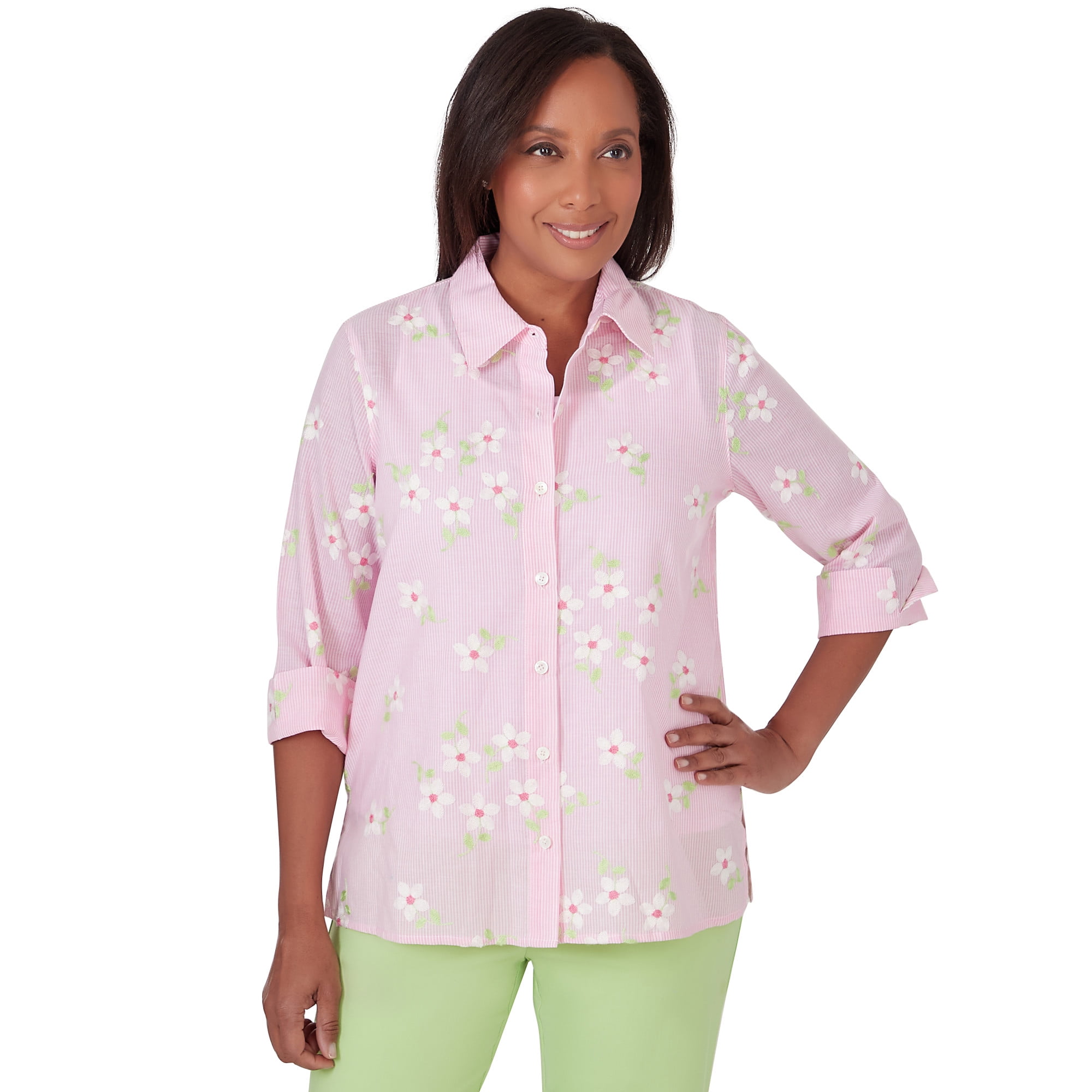 Alfred Dunner Womens Pinstripe Floral Embroidery Blouse - Walmart.com