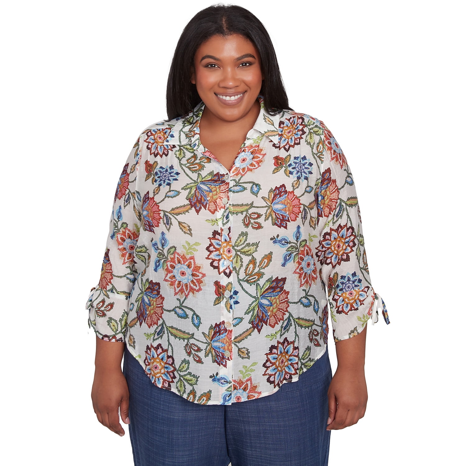 Alfred Dunner Womens Plus-Size Batik Floral Button Front Top - Walmart.com