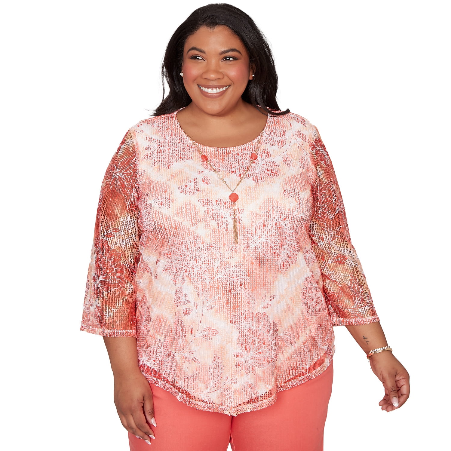 Alfred Dunner Womens Plus-Size Batik Tie Dye Chevron Top With Necklace ...