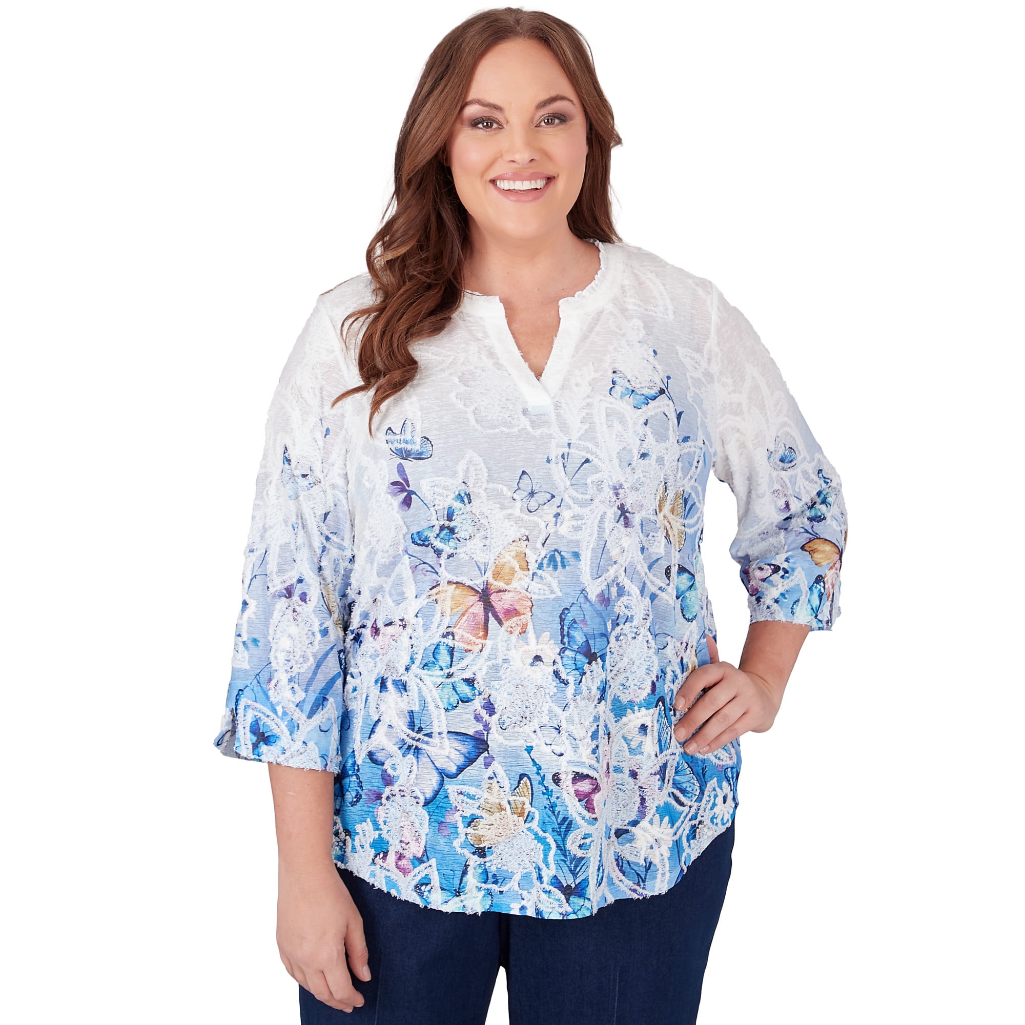 Alfred Dunner Womens Plus-Size Butterfly Border Jacquard Split Neck Top ...