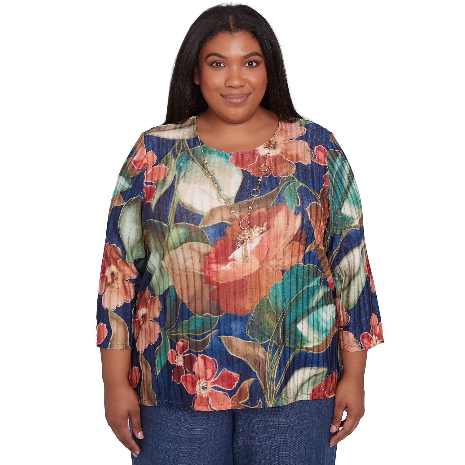 Alfred Dunner Womens Plus-Size Dramatic Summer Floral Top With Necklace ...