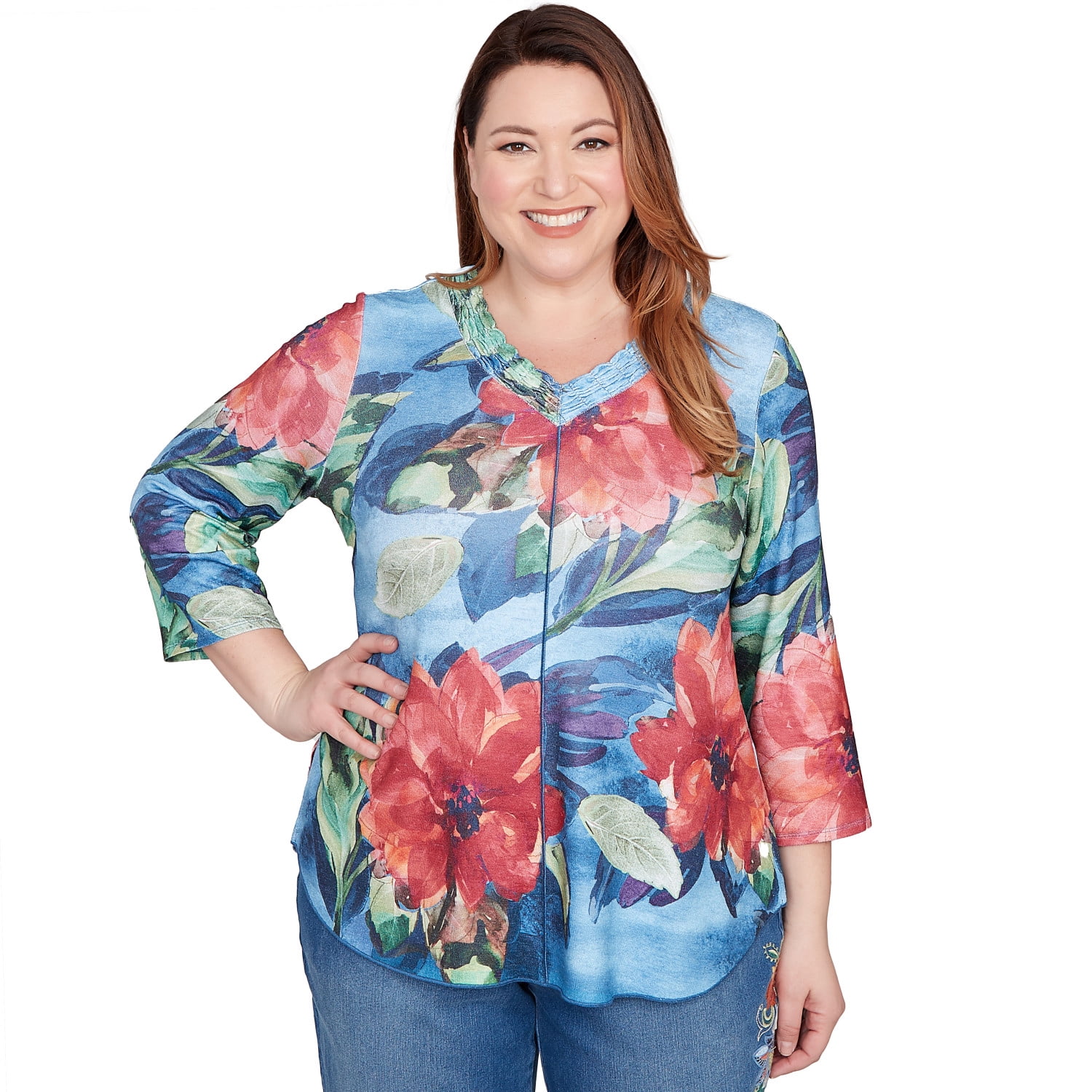 Alfred Dunner Womens Plus-Size Dramatic V-Neck Floral Top - Walmart.com