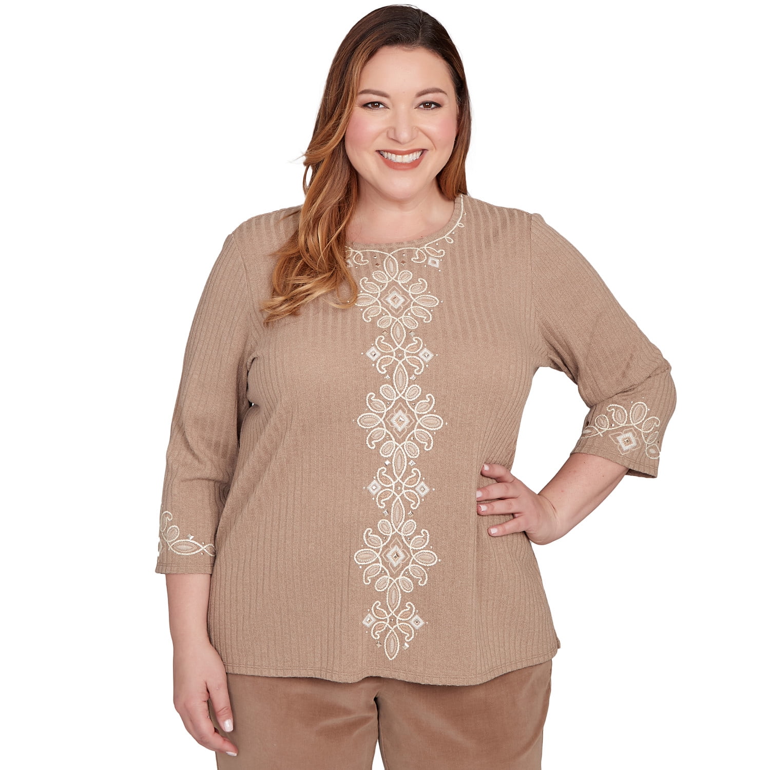 Alfred Dunner Womens Plus-Size Embroidered Medallion Center Knit Top ...