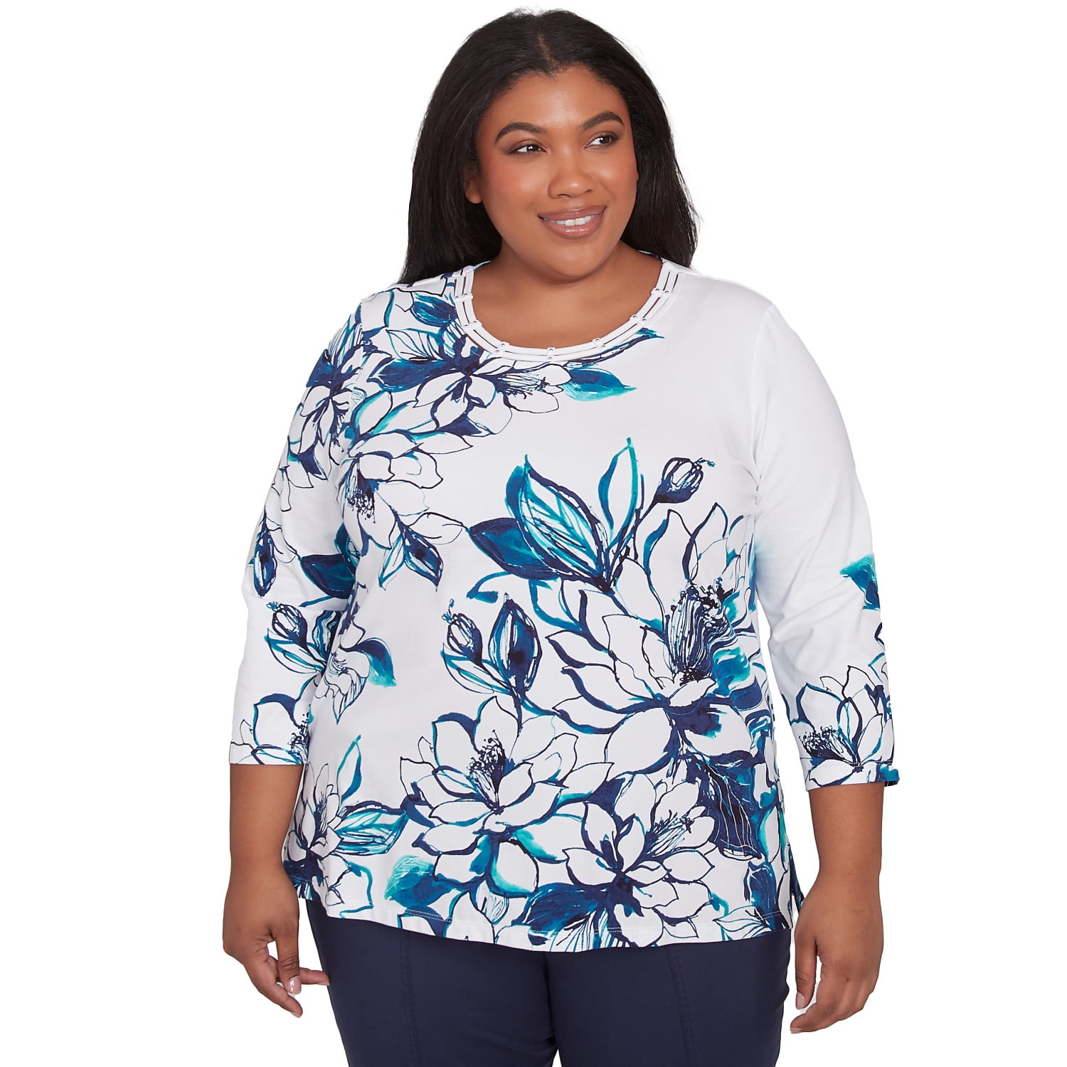 Alfred Dunner Womens Plus-Size Fineline Floral Three Quarter Sleeve Top ...