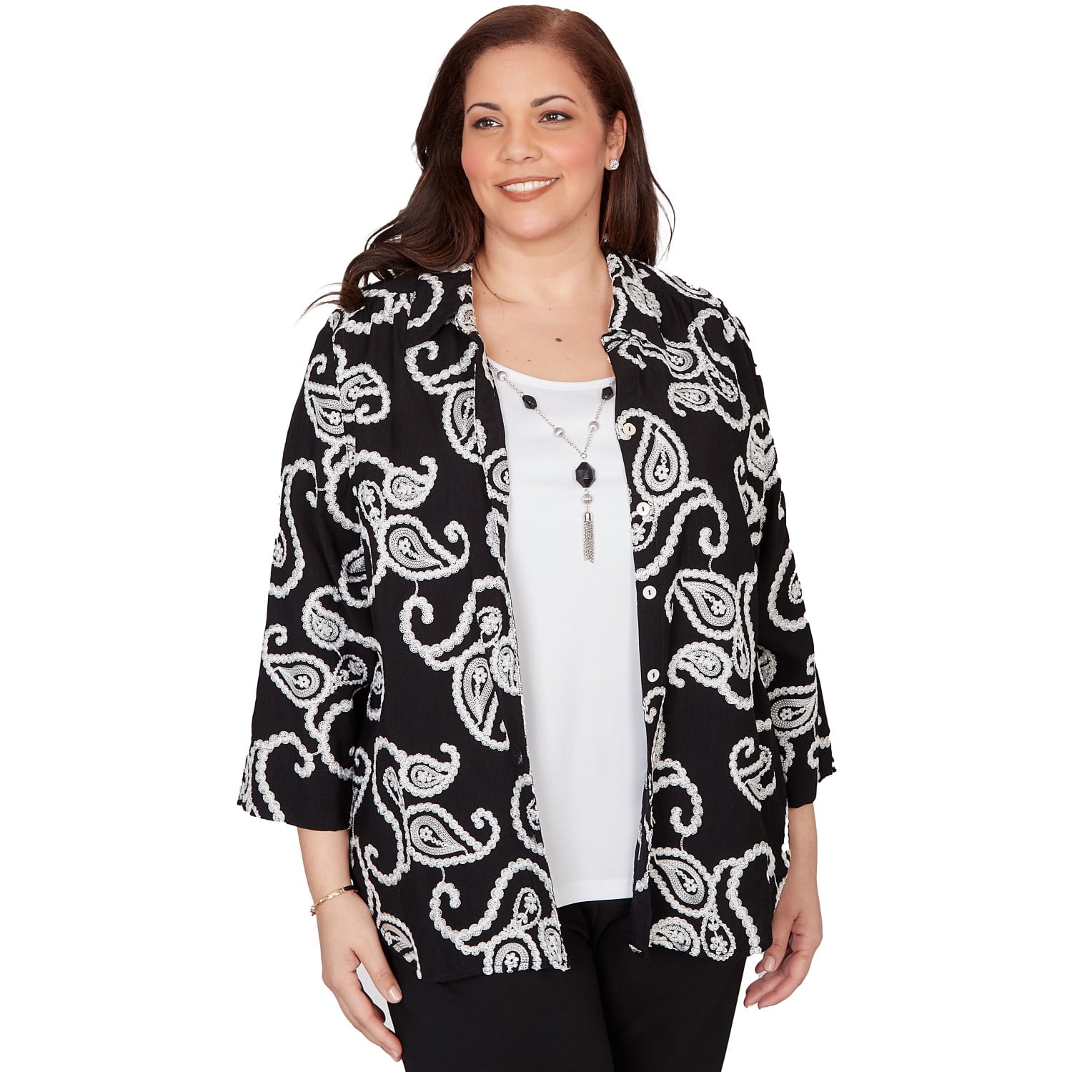 Alfred Dunner Womens Plus-Size Paisley Embroidered Two In One Top With ...