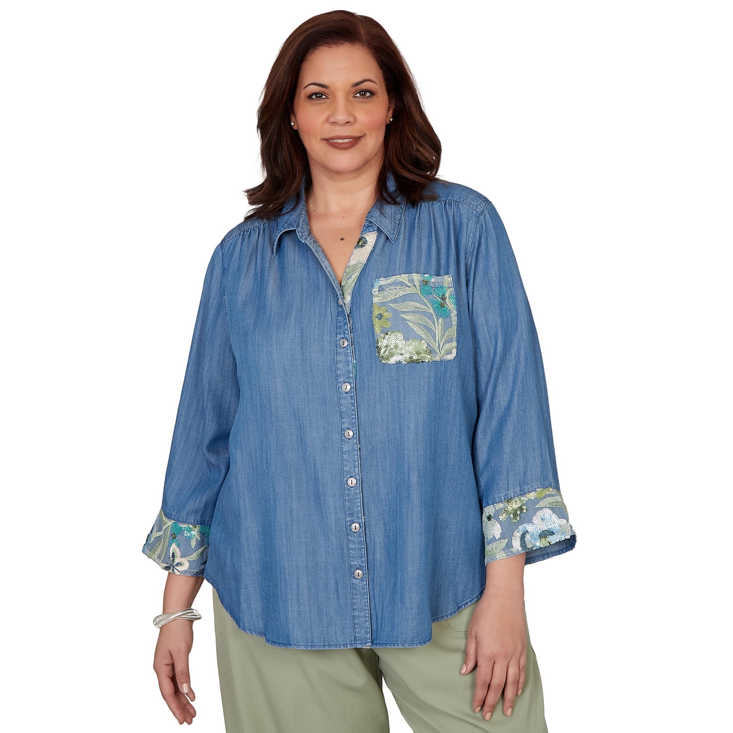 Alfred Dunner Womens Plus-Size Soft Lyocell Denim Sequined Button Front ...