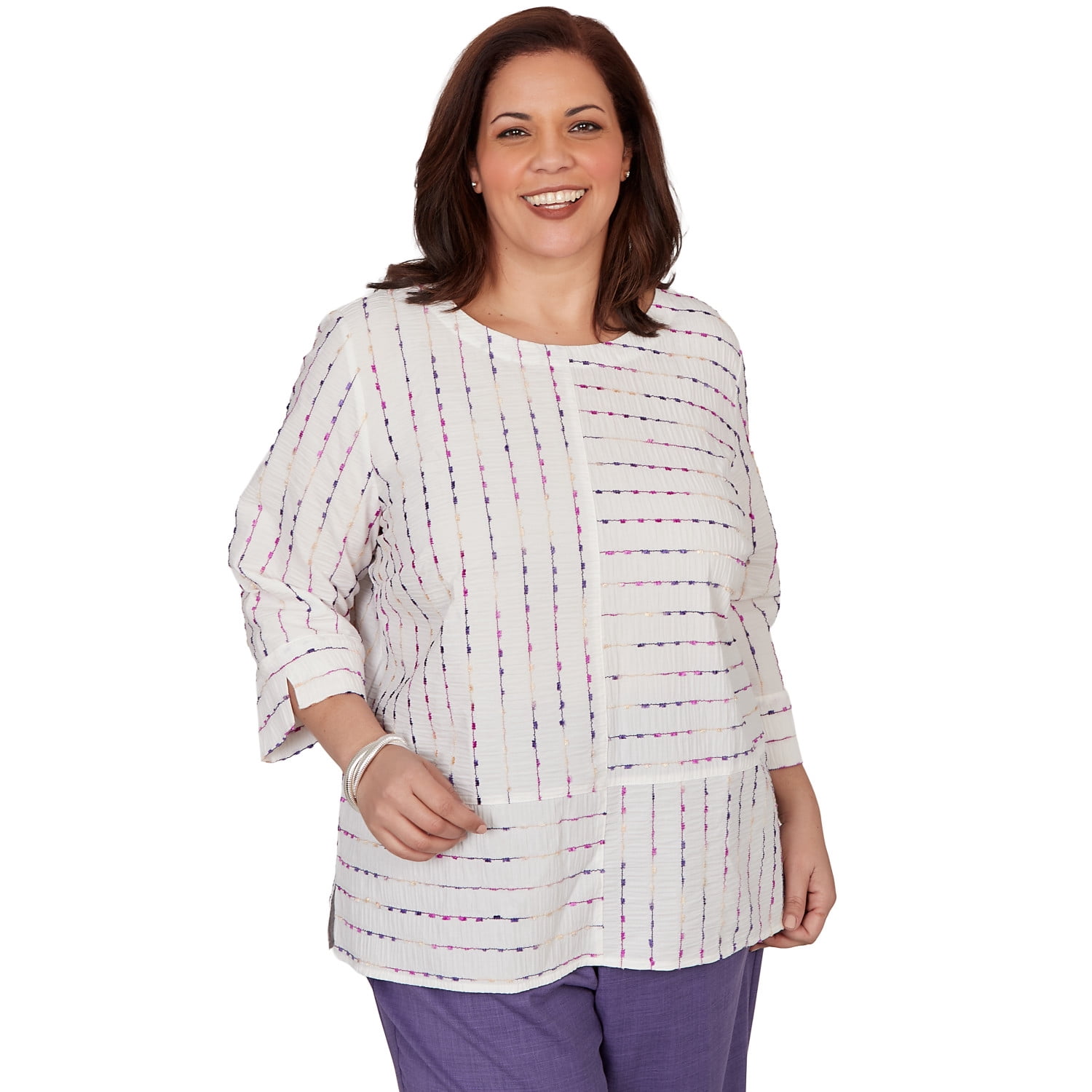 Alfred Dunner Womens Plus-Size White Textured Rainbow Stripe Top ...