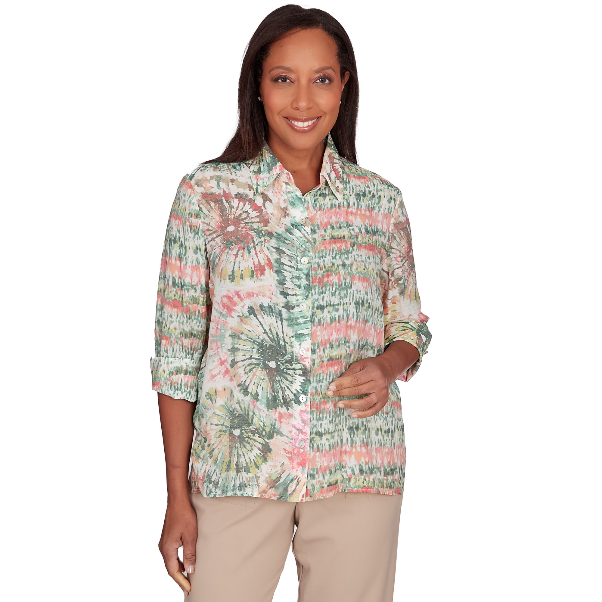 Alfred Dunner Womens Sunset Tie Dye Button Down Blouse - Walmart.com