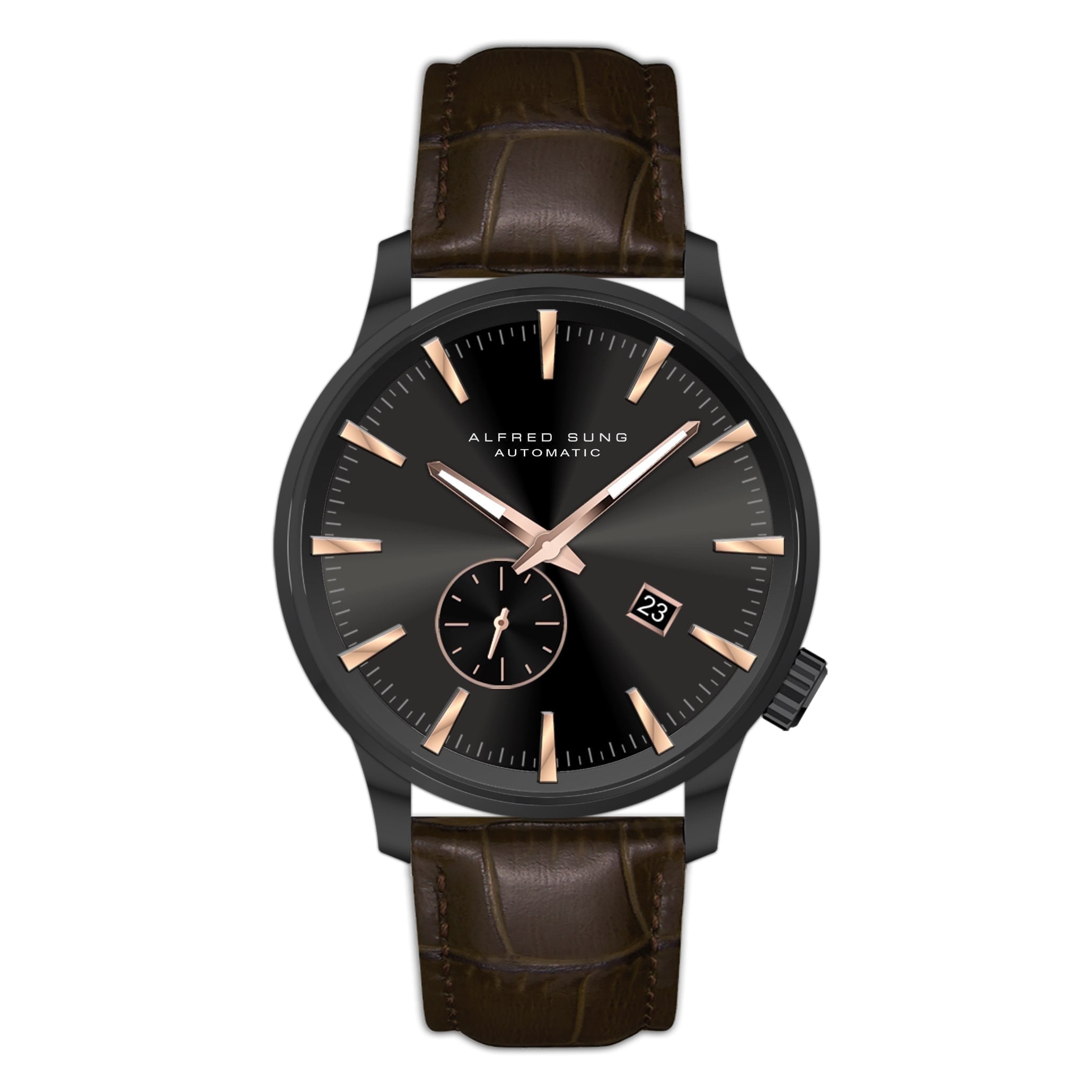 Alfred Sung Men's Automatic II Black Date Sunray Dial Leather Watch ...