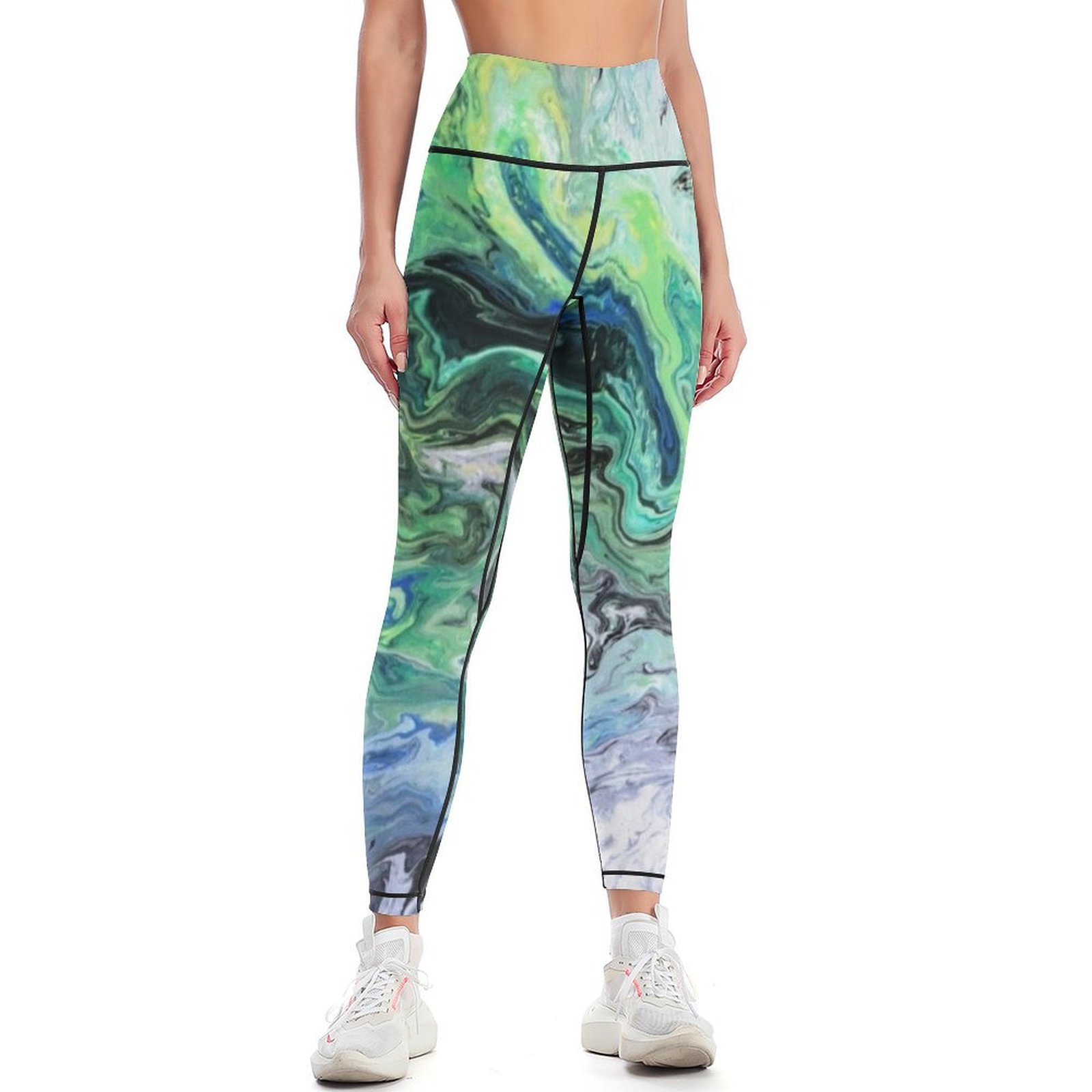 Algae Bloom Abstract art black green white Leggings high waist gym ...