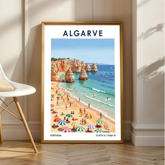 Algarve Beach Scene Poster: Vintage Portugal Travel Art Print, Unframed ...