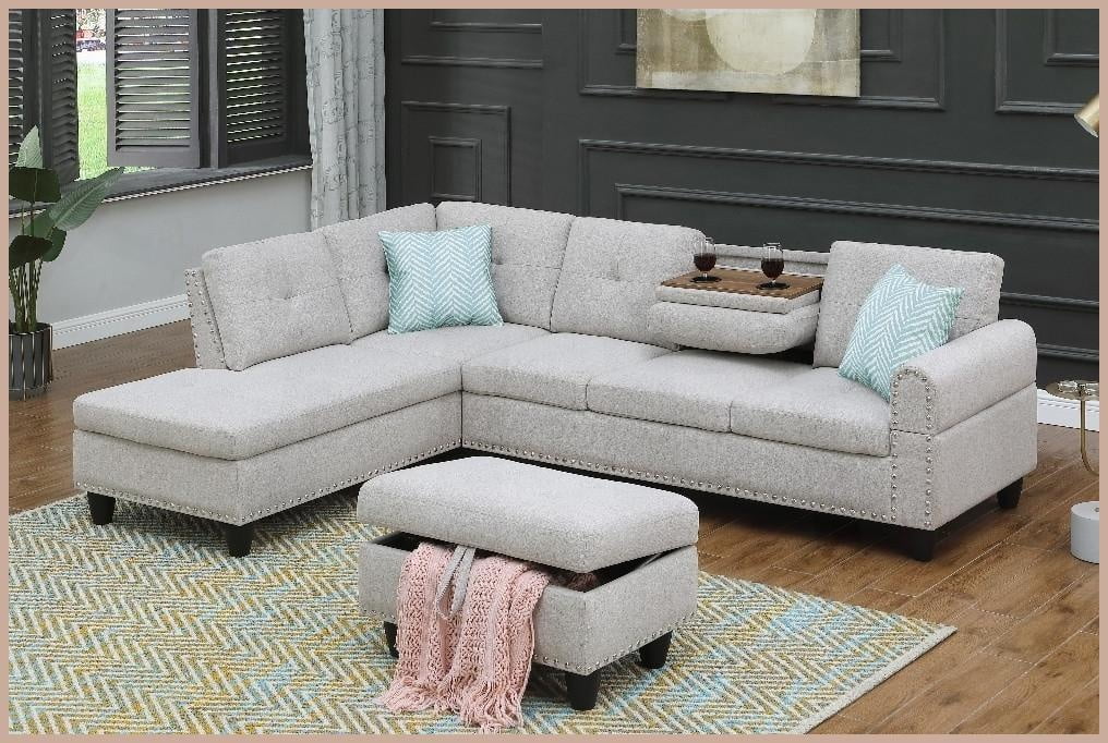 Alger 98" Wide Left Hand Facing Sofa & Chaise with Ottoman - Linen ...