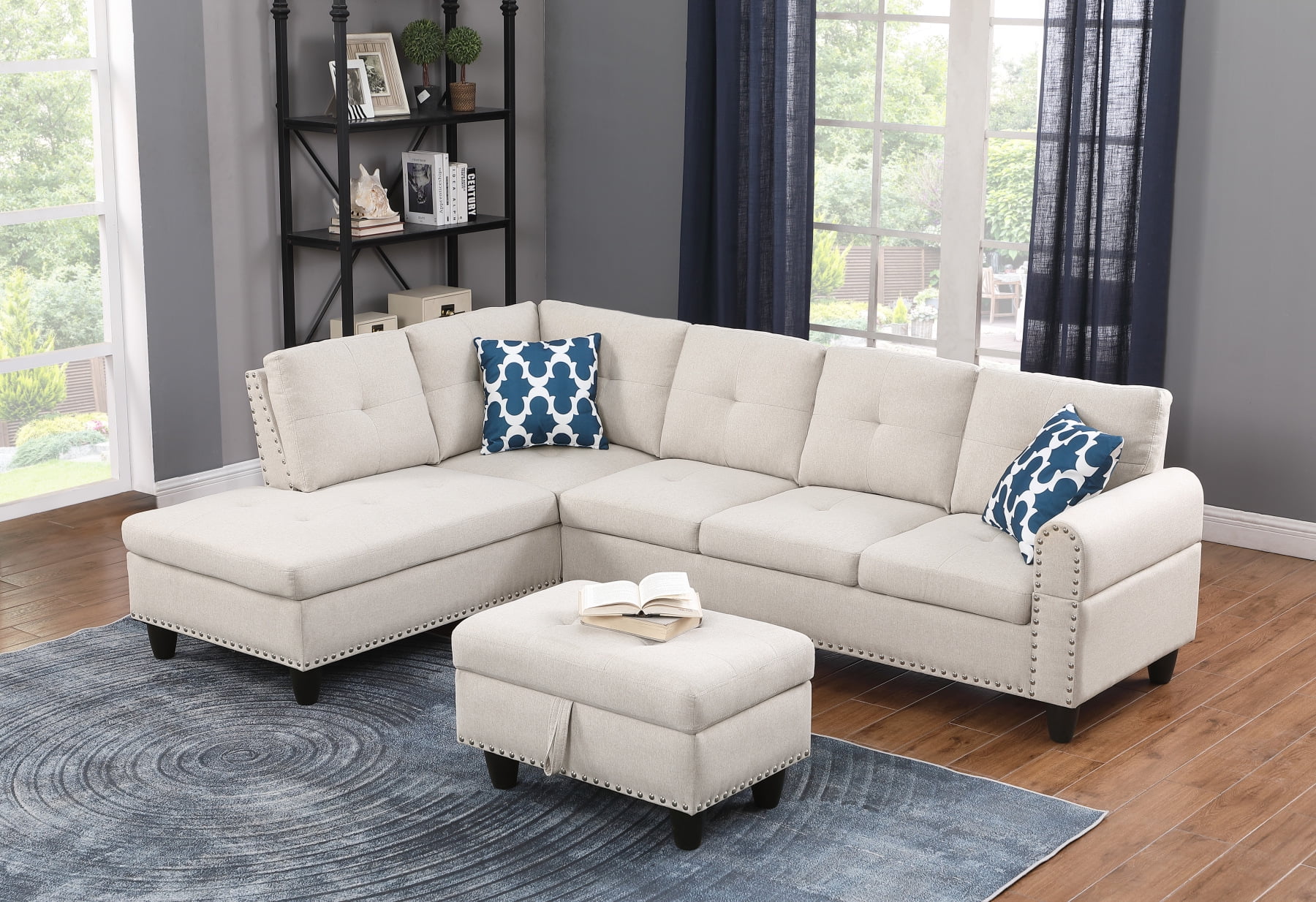 Alger 98" Wide Left Hand Facing Sofa with Ottoman, 5-Seat Modern Sofa ...