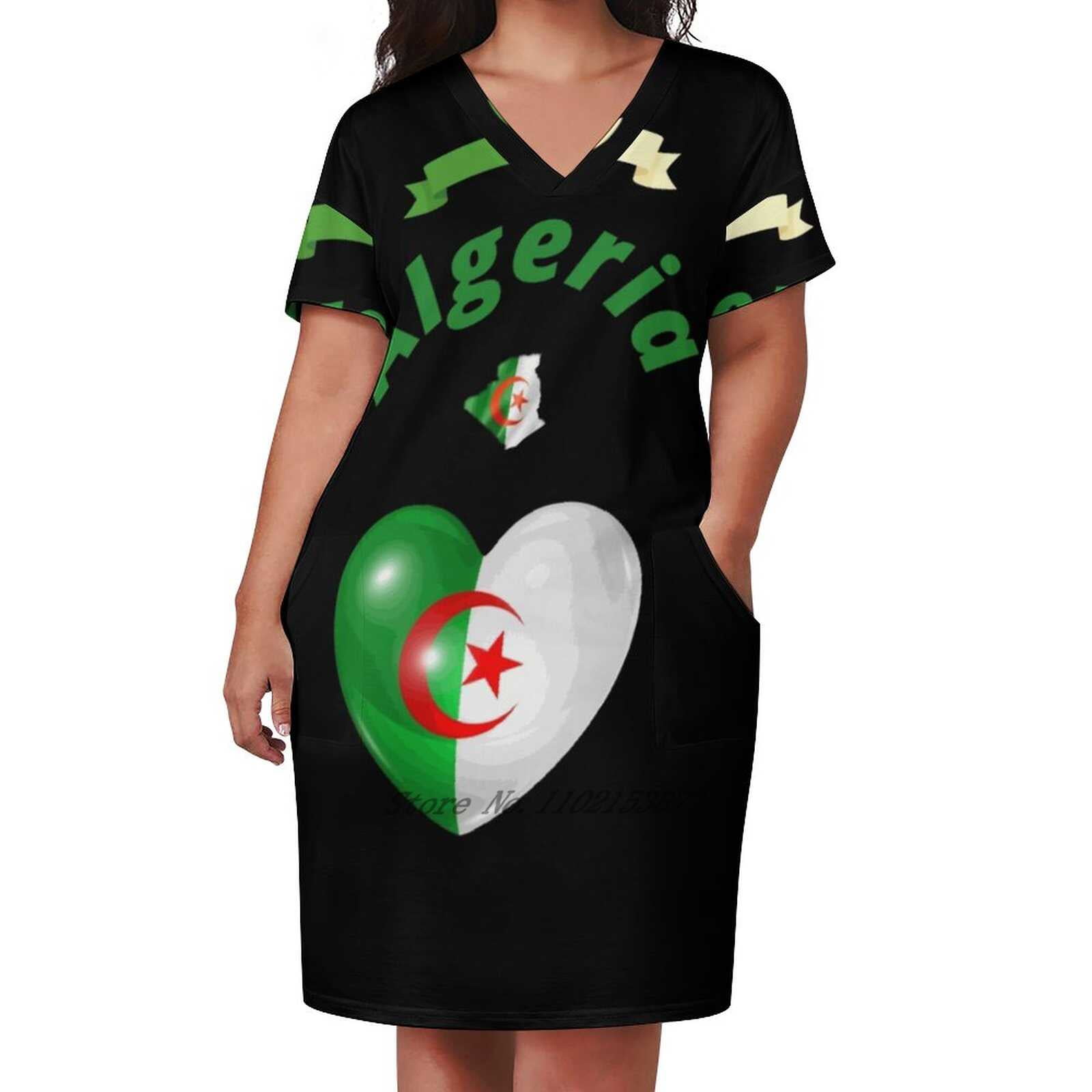Algeria Loose Pocket Dress Fashion Print Dress Short Sleeve V-Neck A-Line Dress 123 Long Live ...