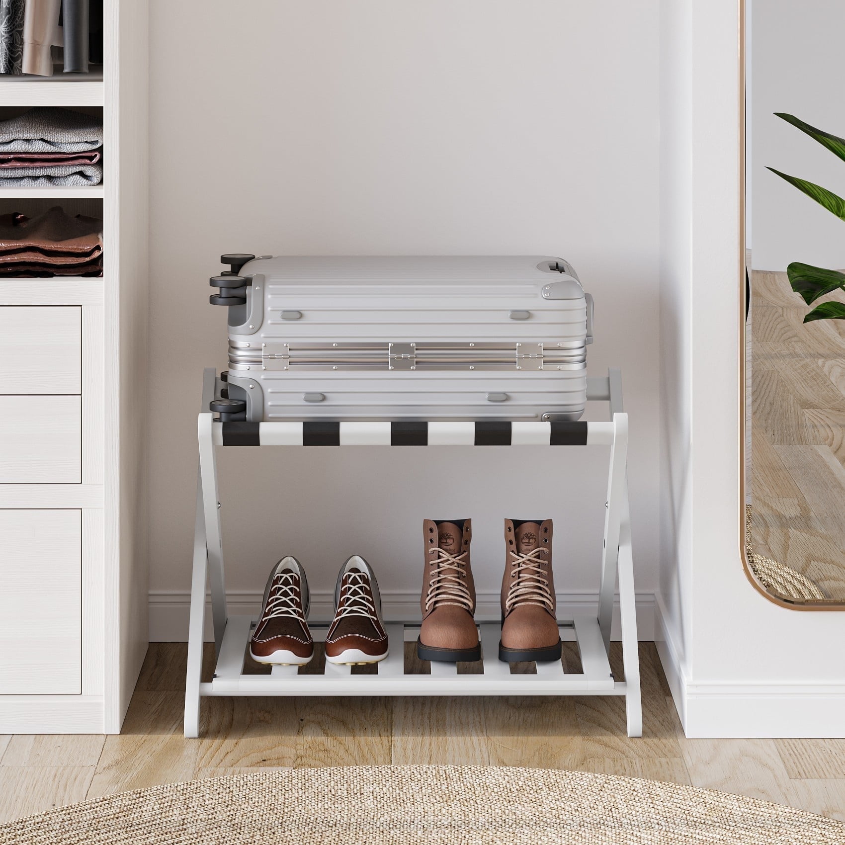 Algherohein Bamboo Folding Luggage Rack Suitcase Stand with Shelf for ...