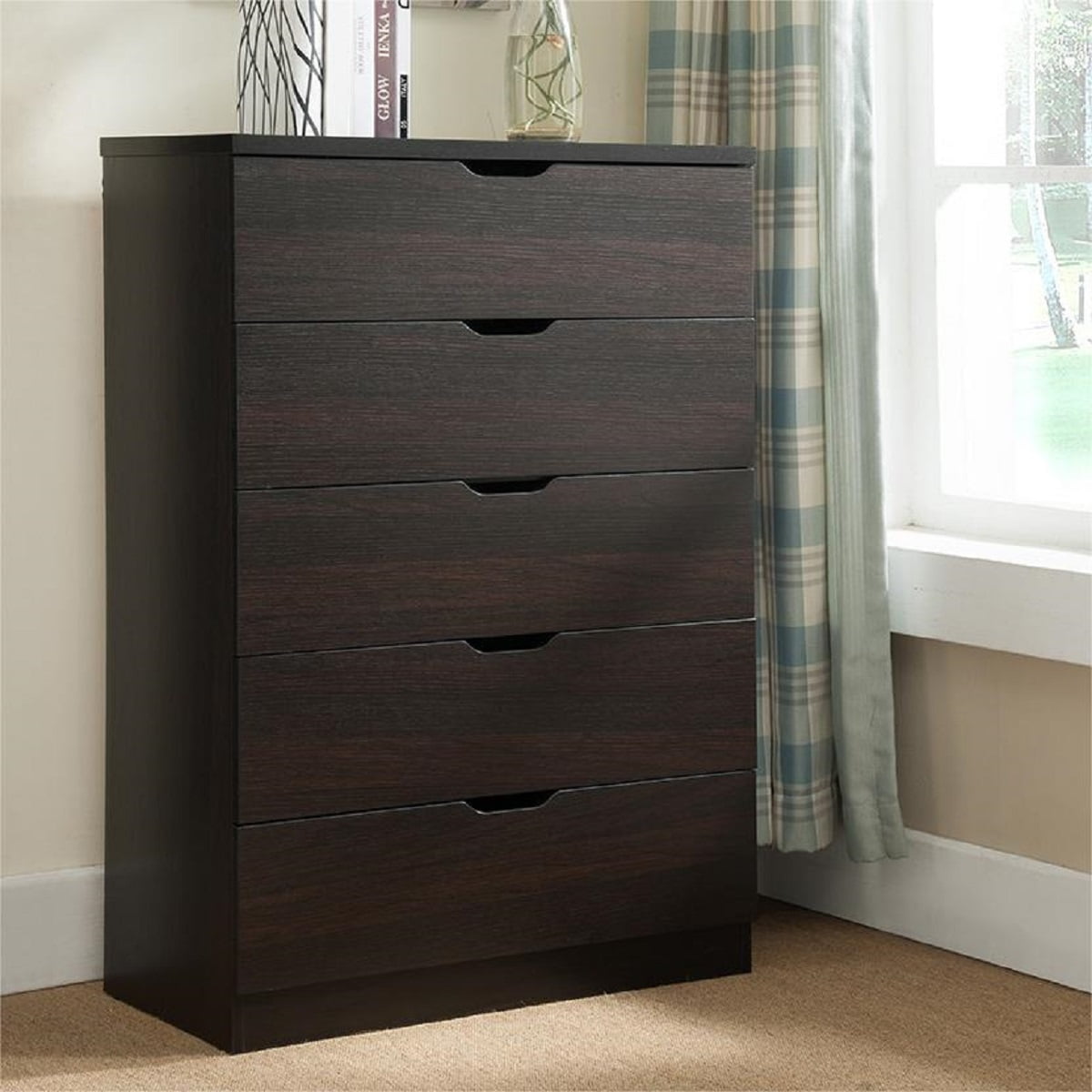 Algherohein Modern 5-Drawer Tall Dresser, Black Wood Storage Cabinet ...