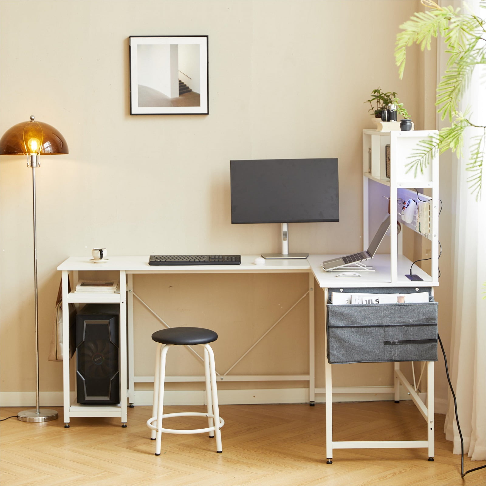 Algherohein Computer Desk Gaming Desk with LED Light and Charging Ports,White Storage Office ...