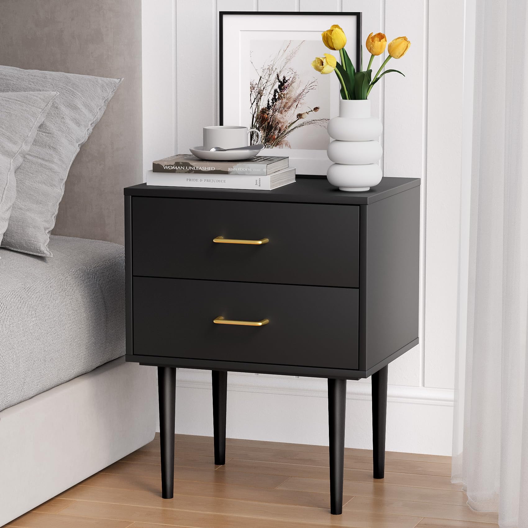 Algherohein Modern 2-Drawer Nightstand, Black, Sturdy Wood Furniture ...