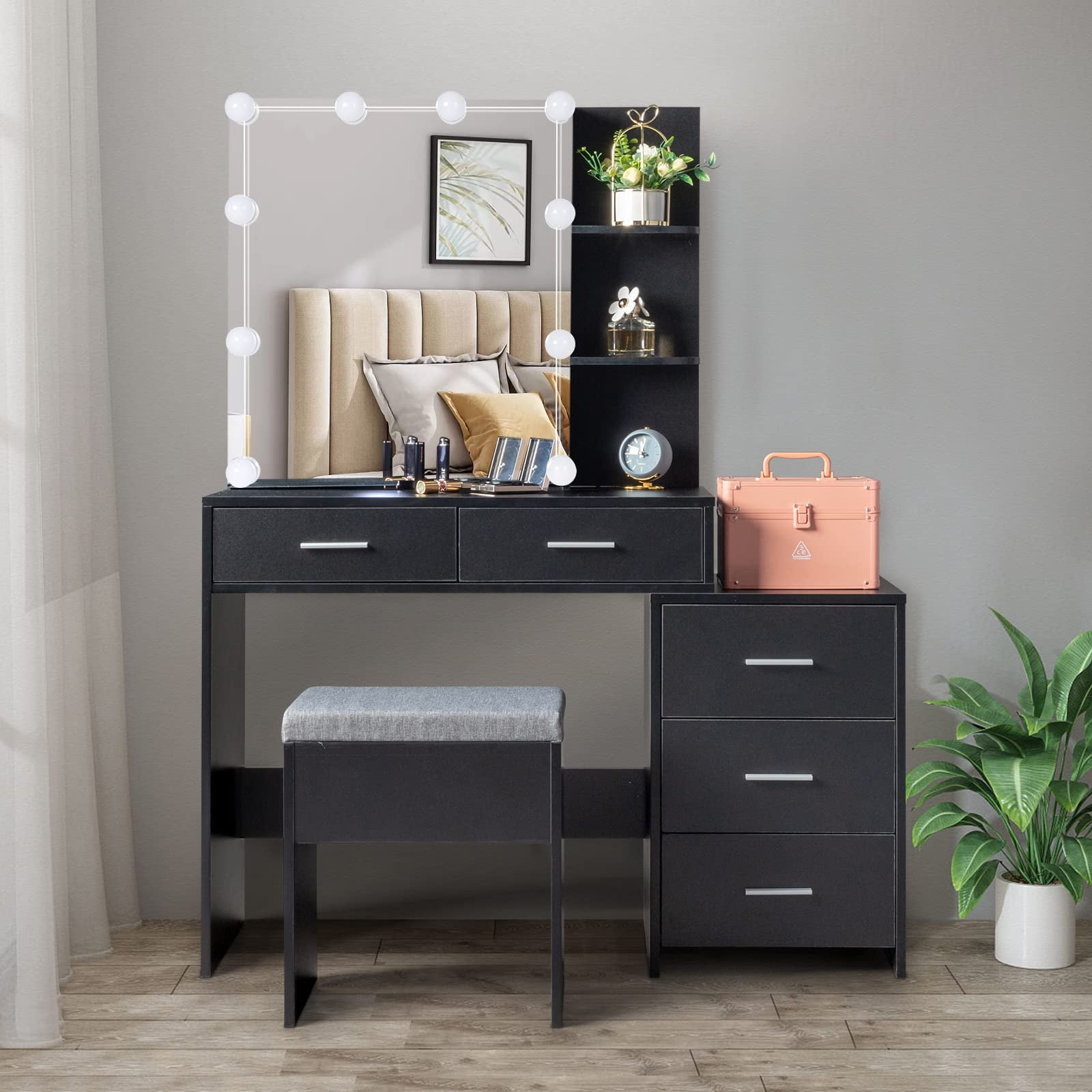 Algherohein Modern Vanity Makeup Table Set with 5 Drawer Lighted Mirror ...
