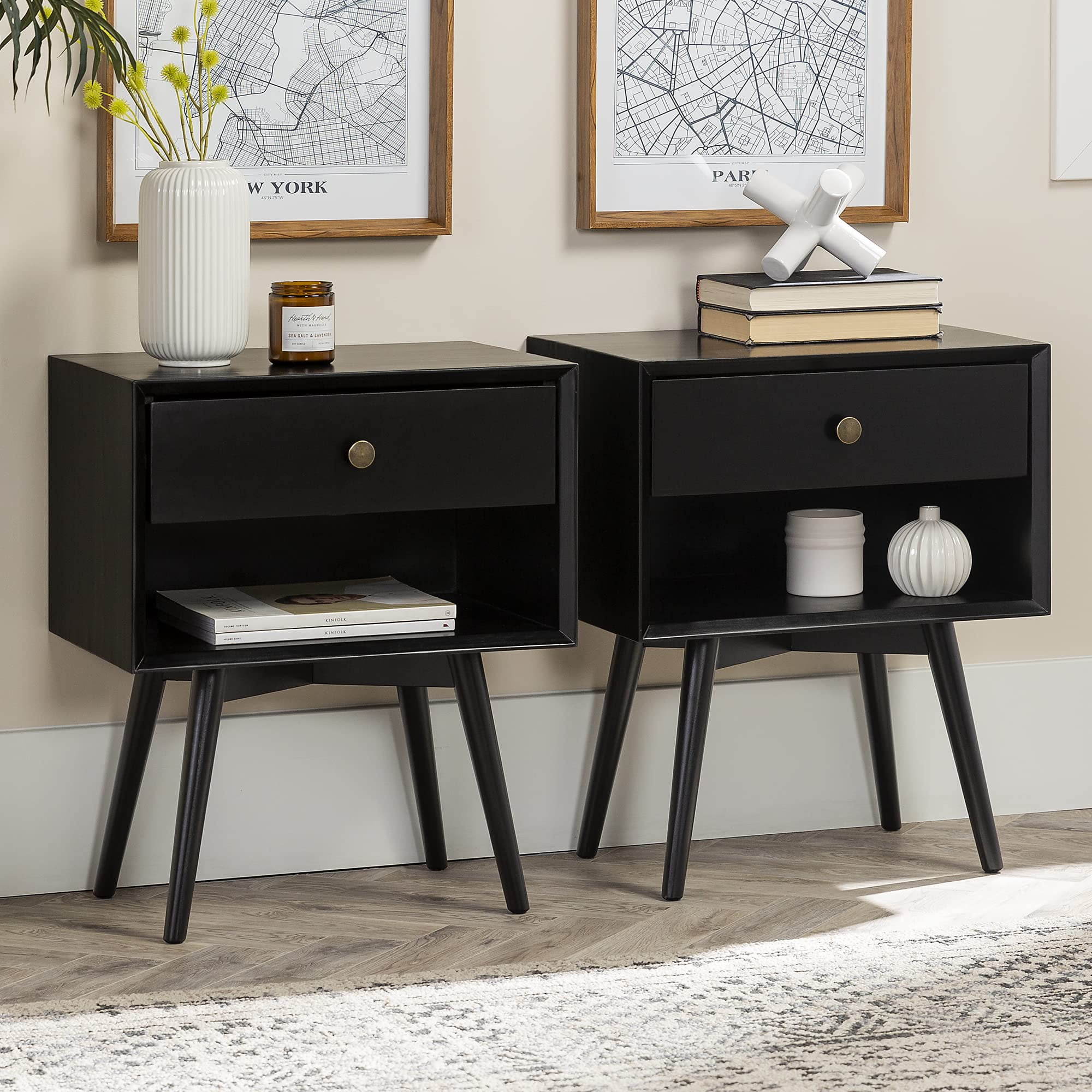 Algherohein Twin Nightstands Set of 2 with Drawer, Black, Bedroom ...